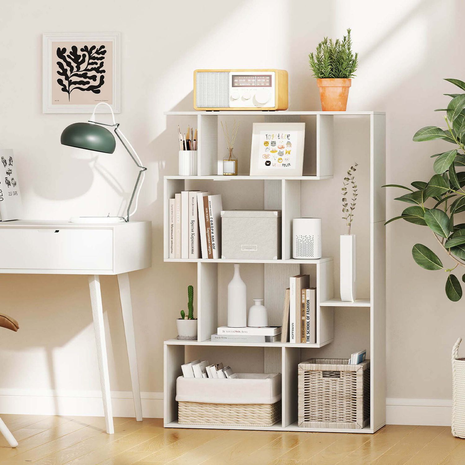Costway 47 inches Open-back Geometric Bookshelf Home 6-Cube Large ...