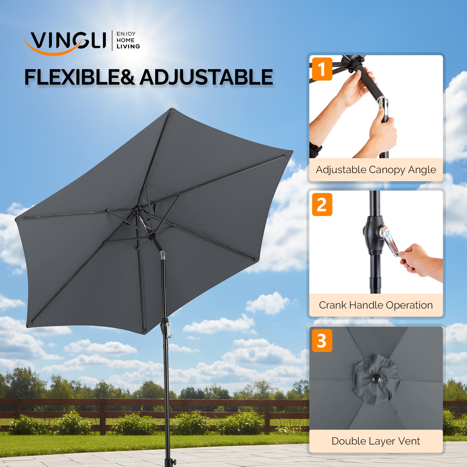 VINGLI 7.5FT Sun Umbrella with Tilt Adjustment and Crank/6 Ribs Outdoor ...