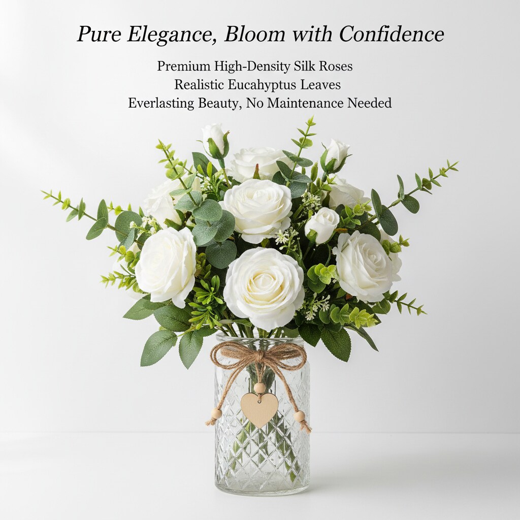 Paradigms Interiors White Artificial Silk Roses And Eucalyptus Flower ...