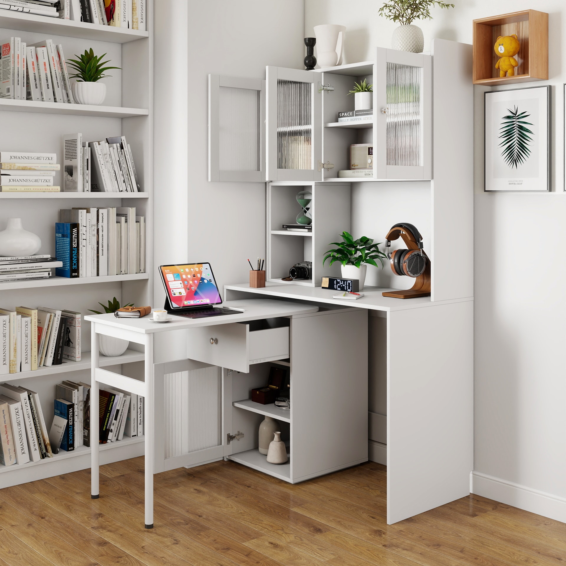 LOVMOR Computer Desk with glass door for Home Office or Study desk ...