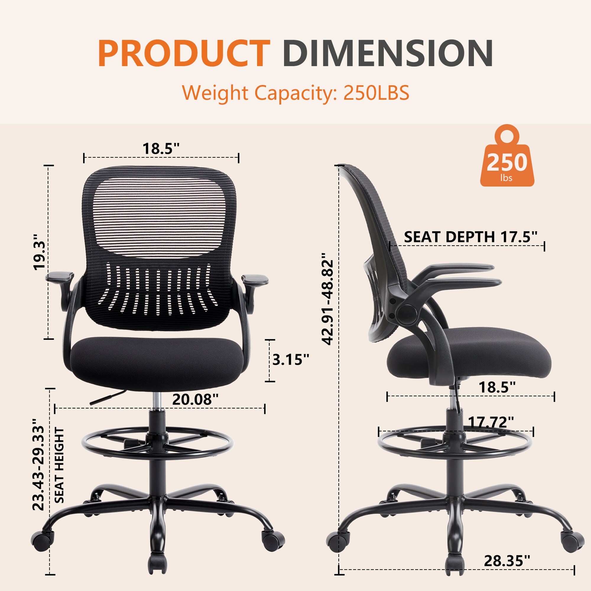 Boyel Living Sweetcrispy Drafting Tall Office Chair Ergonomic High Desk ...