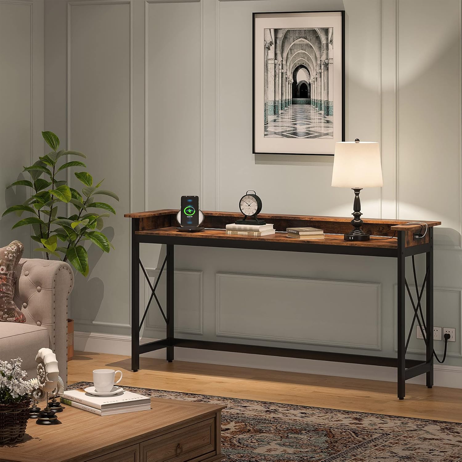 LOVMOR 70.9in Extra Long Console Table with Power Outlets and USB Ports ...