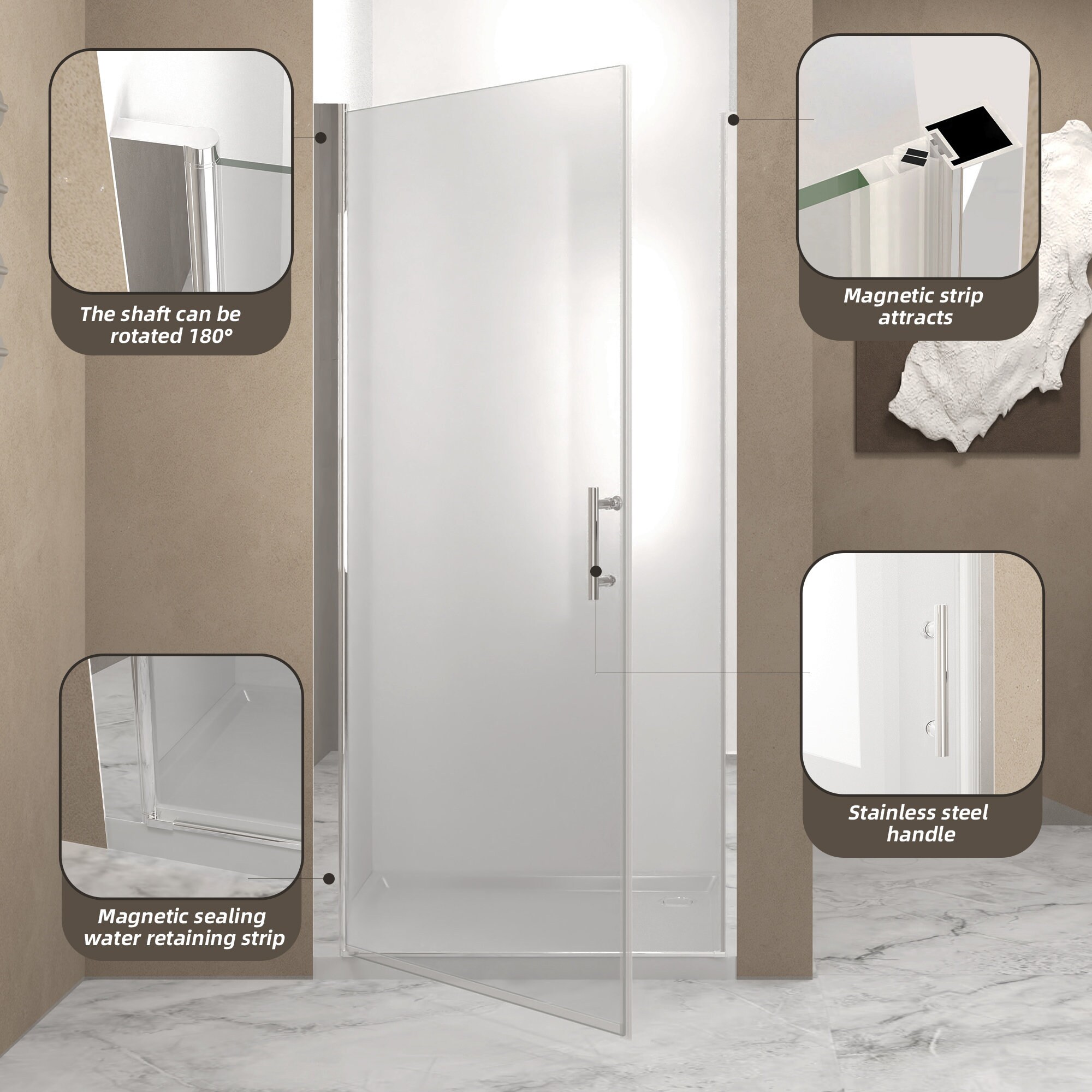 Misopily 24 x 72 in Pivot Shower Door Brushed Nickel Aluminum Frame ...