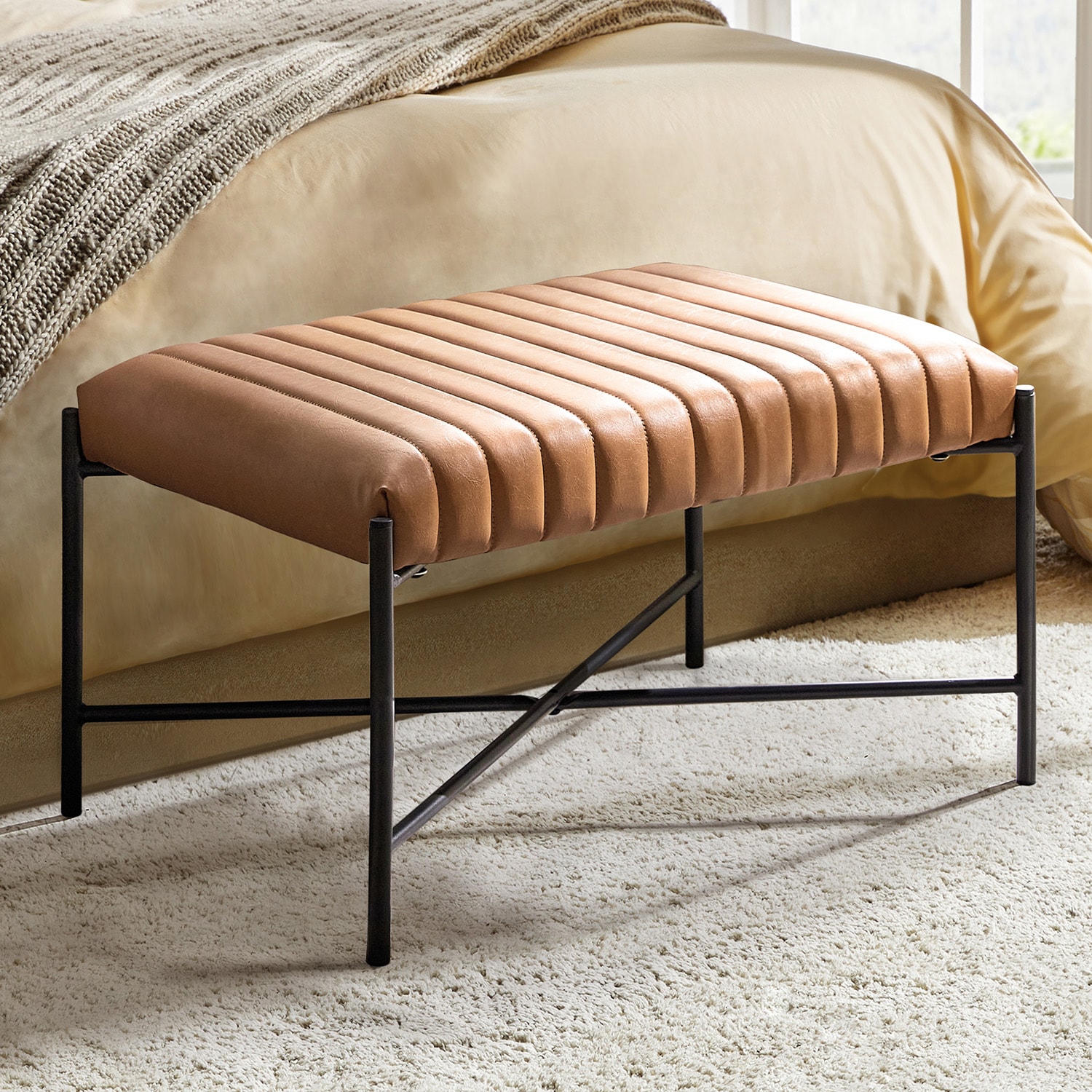 14 Karat Home Leopold Casual CAMEL Accent Bench 29.5-in x 18.7-in x 18 ...