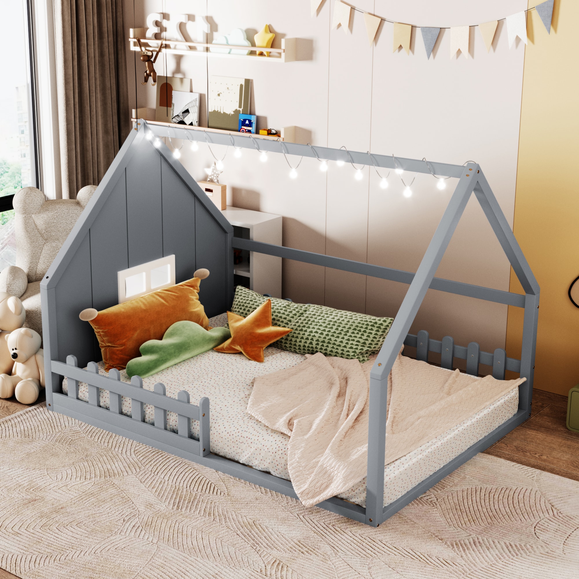 Full Size Wood House Bed with Window and Fence, Gray Beds at Lowes.com