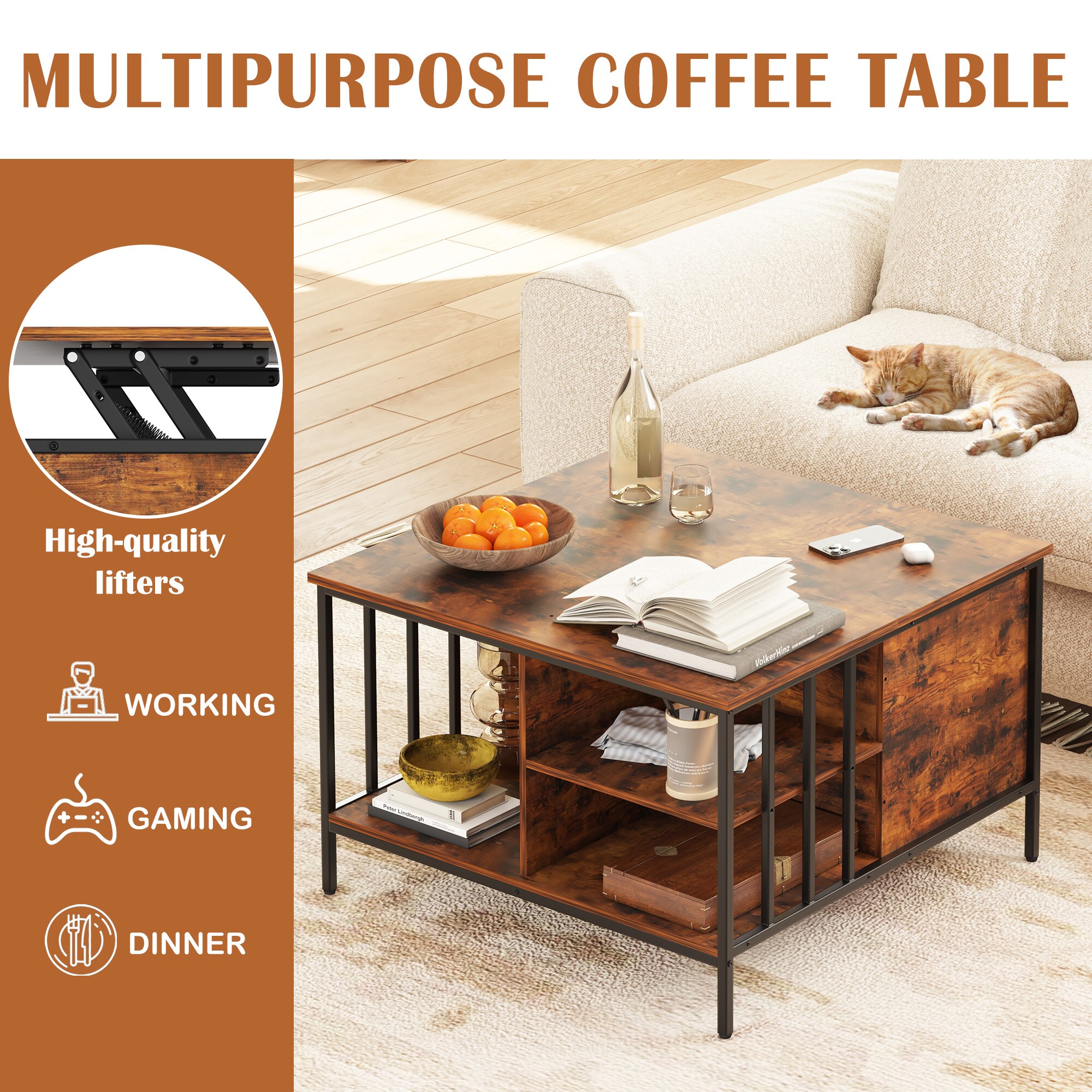 KTMBDW Lift Top Coffee Table with 3 Shelves and Hidden Compartment ...