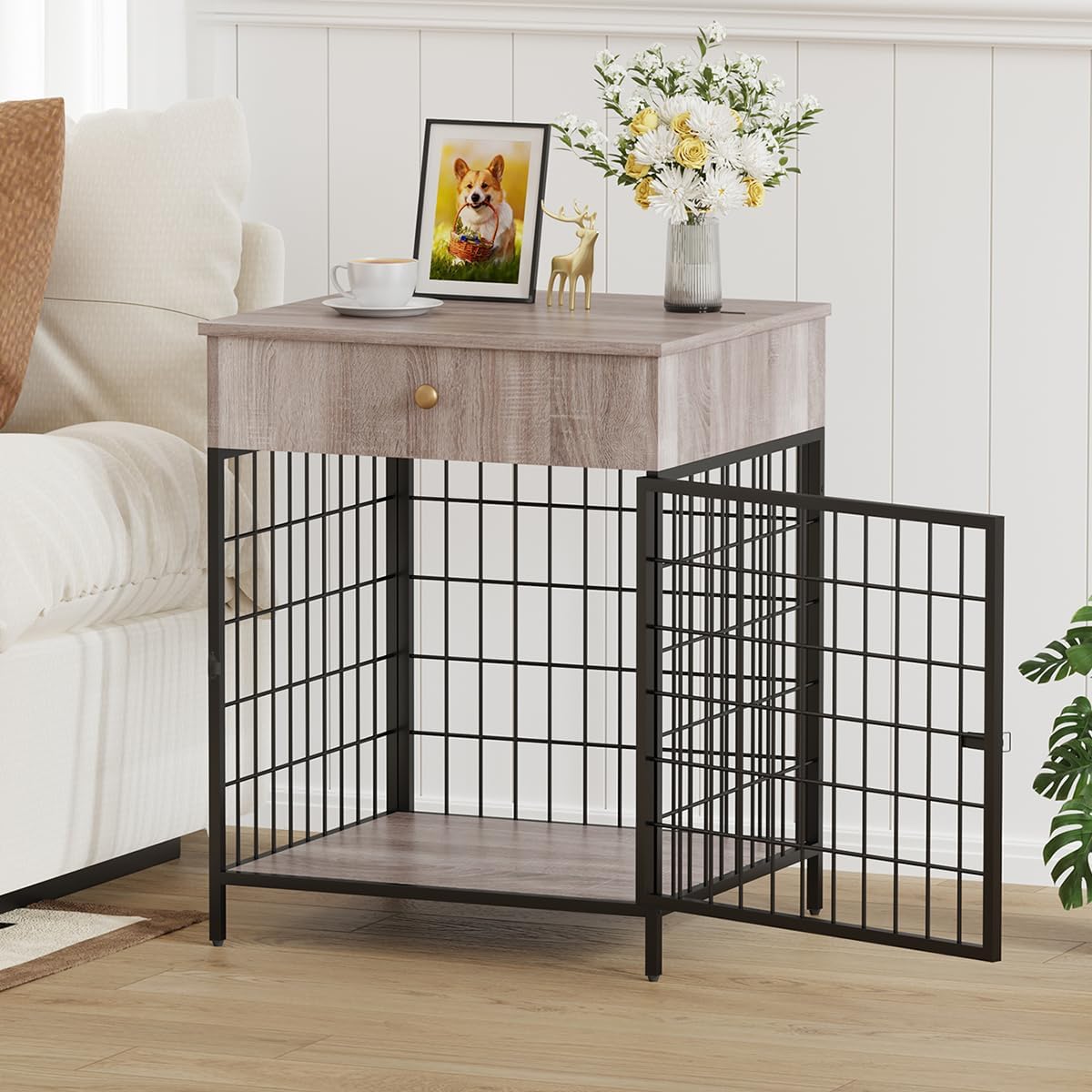 Qeetex Dog Crate Furniture Dog Kennel End Table Wooden Dog Crate Side ...