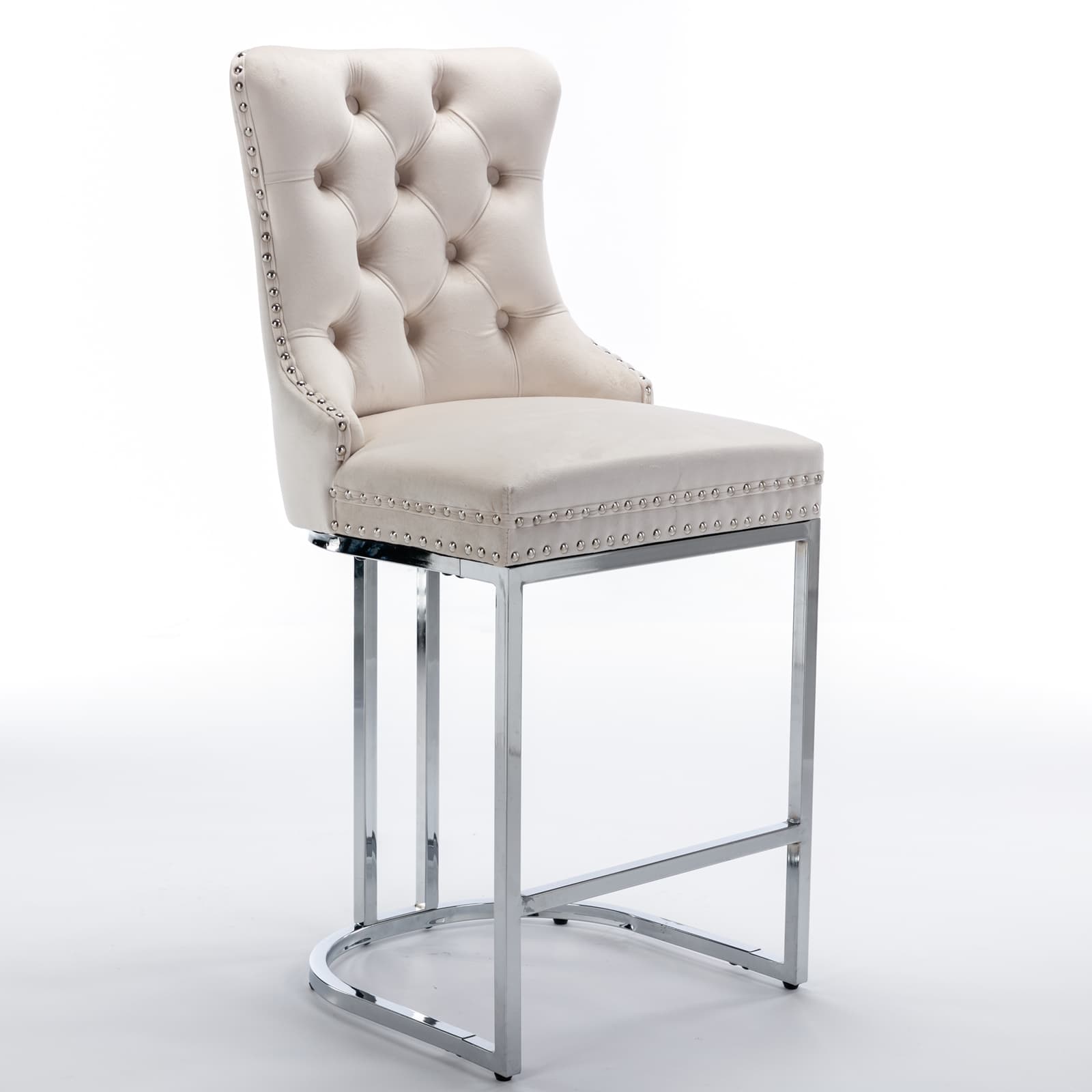 Vynxaria Set of 2 Beige Modern Velvet Barstools 26 Inches Button Back ...