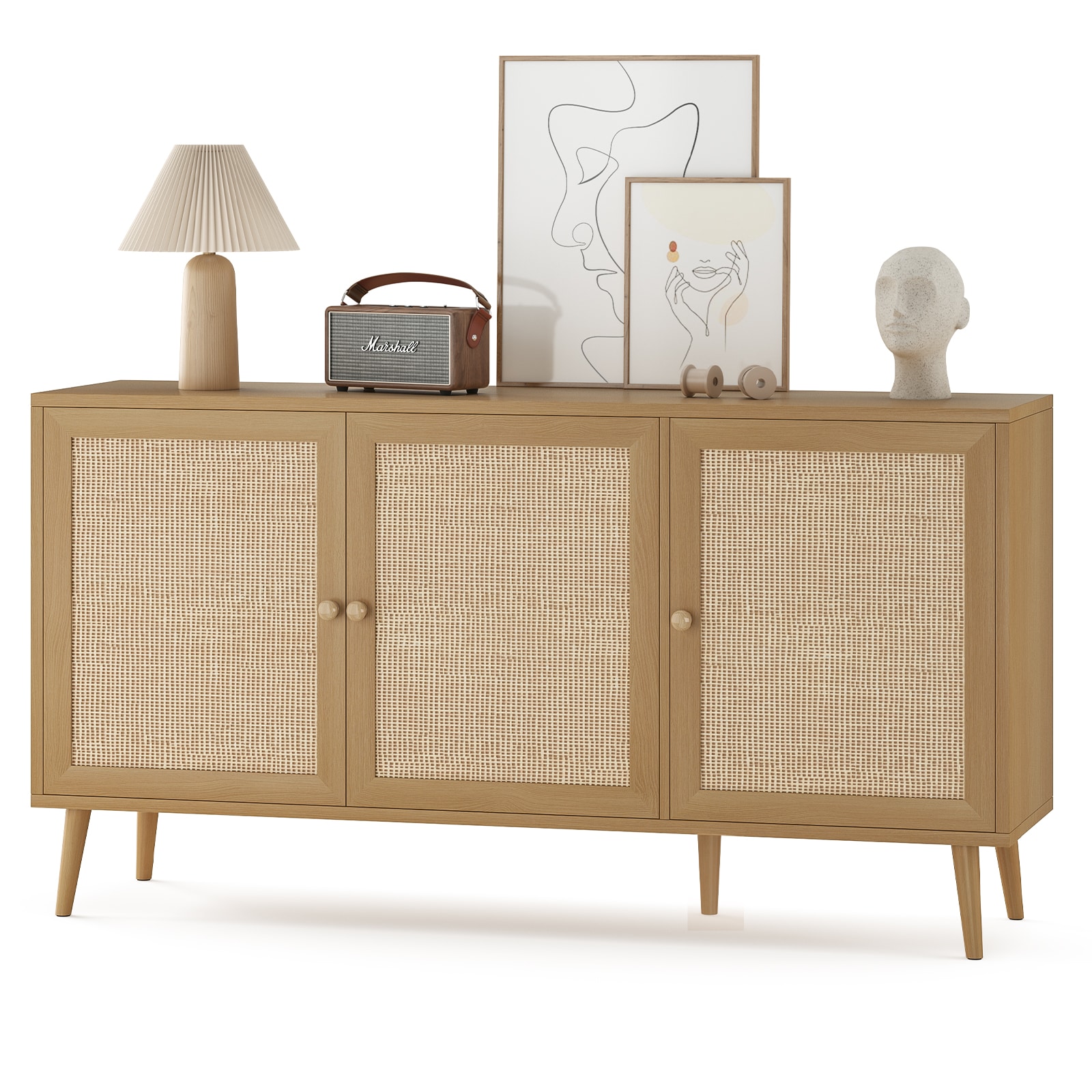 LOVMOR Sideboard Buffet Cabinet with 3 Rattan Doors Modern Kitchen ...