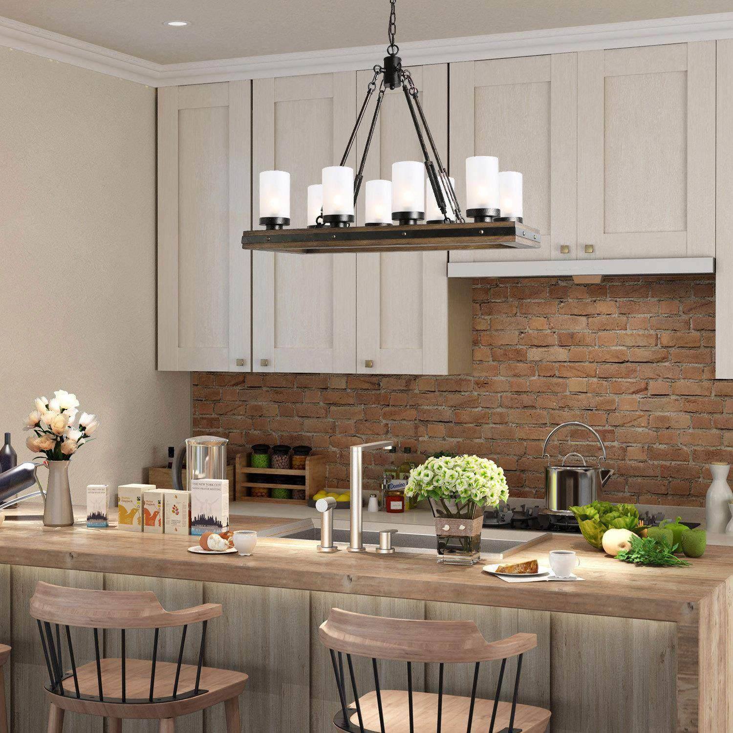 LNC Appia 8 -Light Antique Black and Brown Wood Farmhouse Frosted glass ...