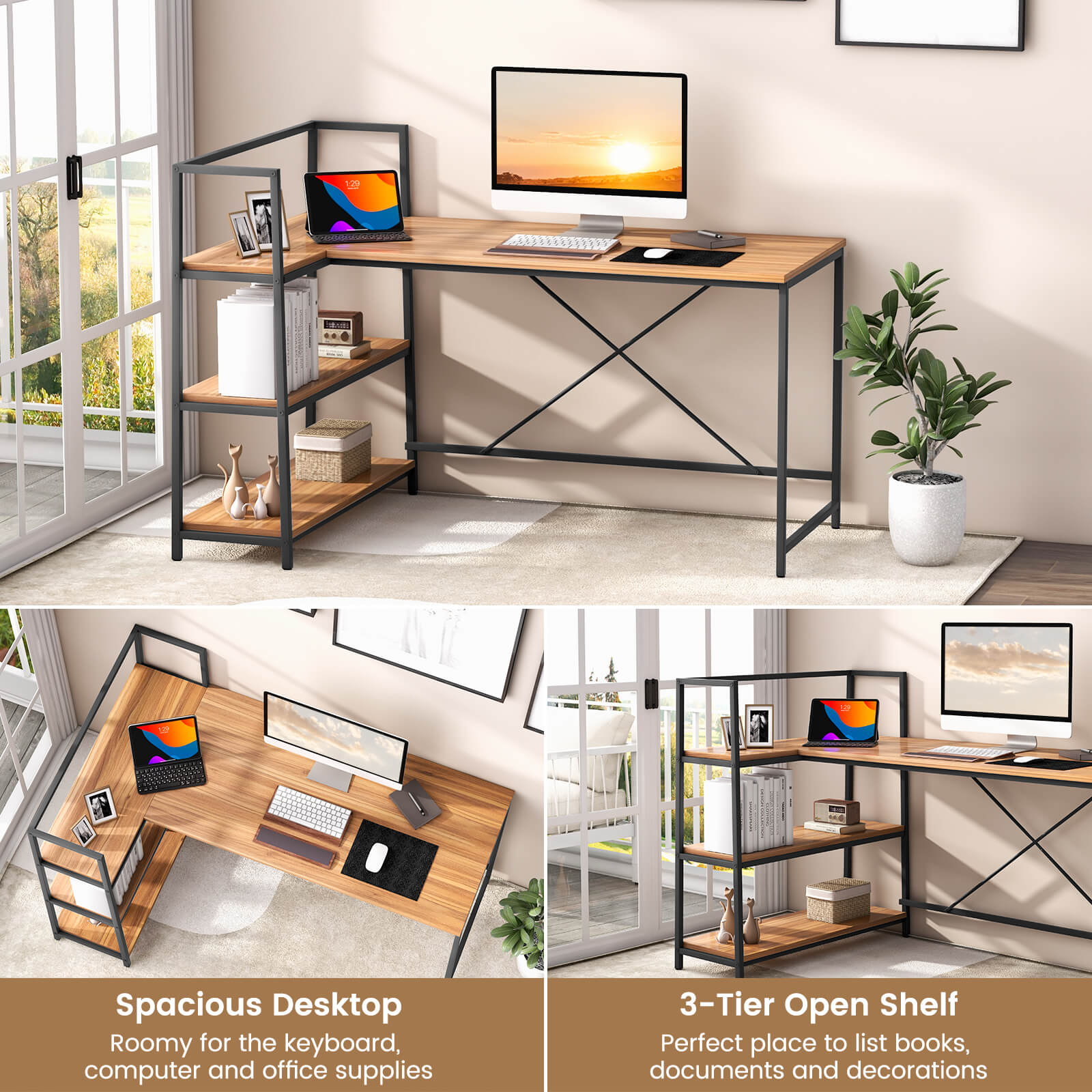 Slickblue 59 Inch Black and Walnut Reversible L Shaped Desk Engineered ...