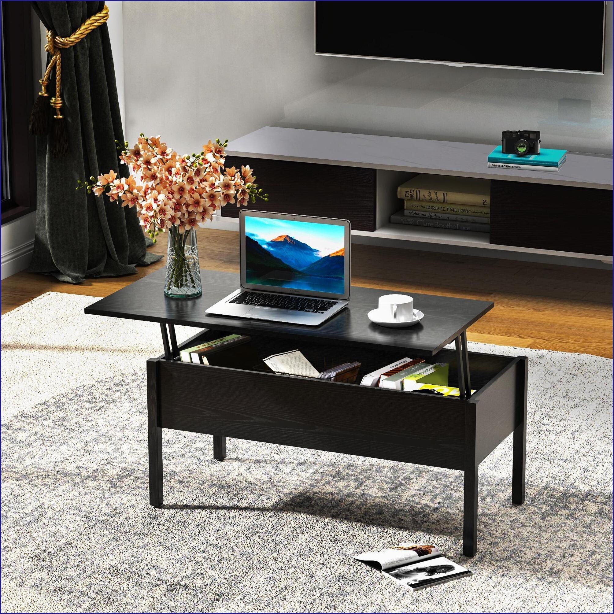 Watnature Black Woodgrain Coffee Table for Living Room Space Saving ...