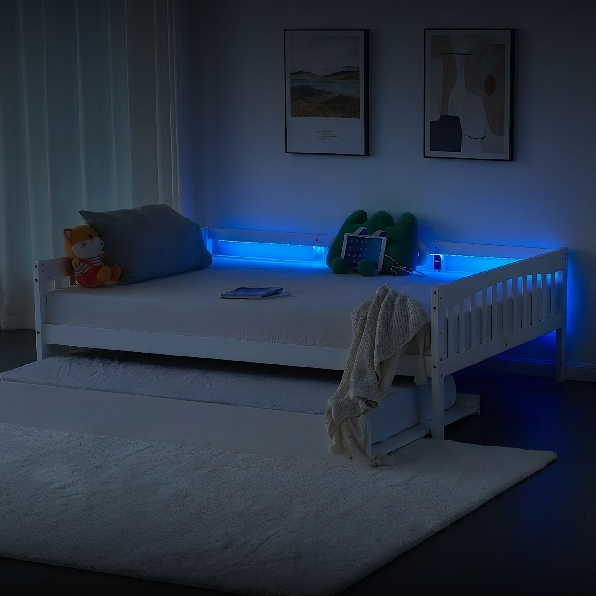 Winado White Full Size Wood Bed with Trundle Light Strip Charging ...