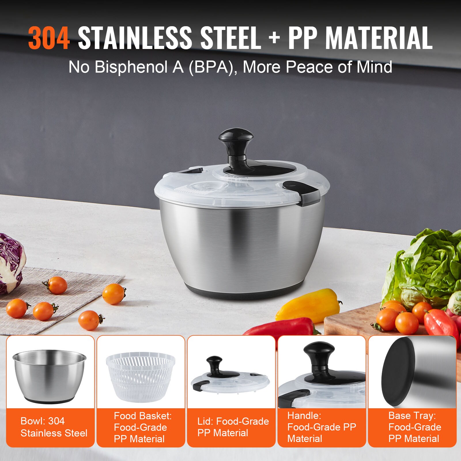 VEVOR 4.75 Qt Salad Spinner 304 SUS Stainless Steel Bowl Milkshake ...