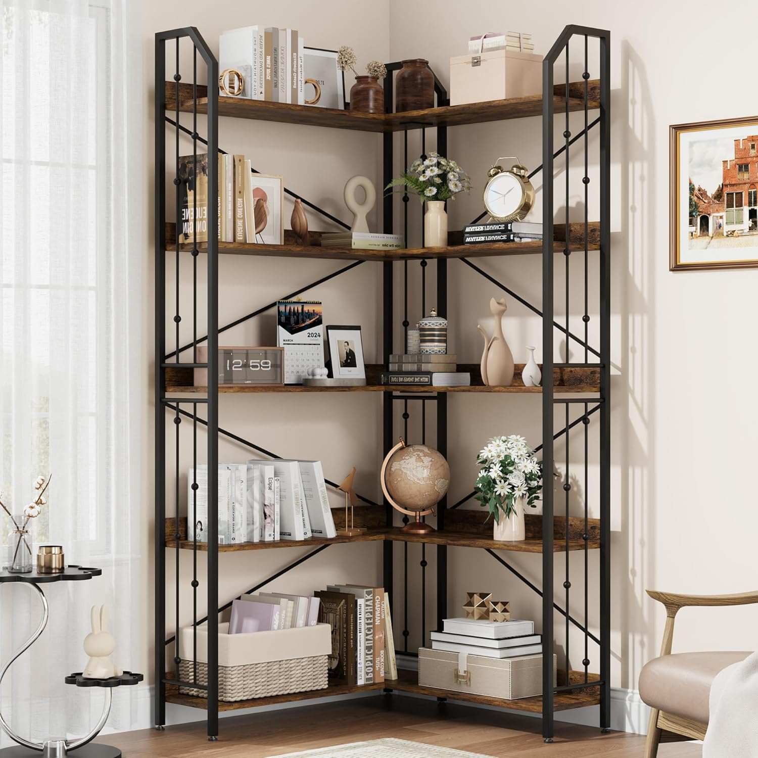 IdealHouse Brown 5-Tier 72in L-Shaped Industrial Corner Bookcase/ Large ...