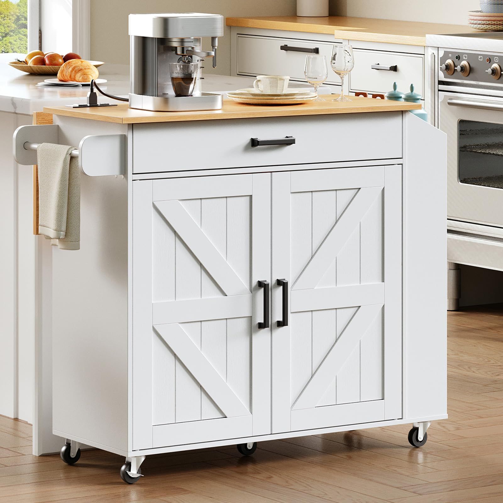 Slickblue Wooden White Kitchen Island Cart with Drop Leaf Countertop ...