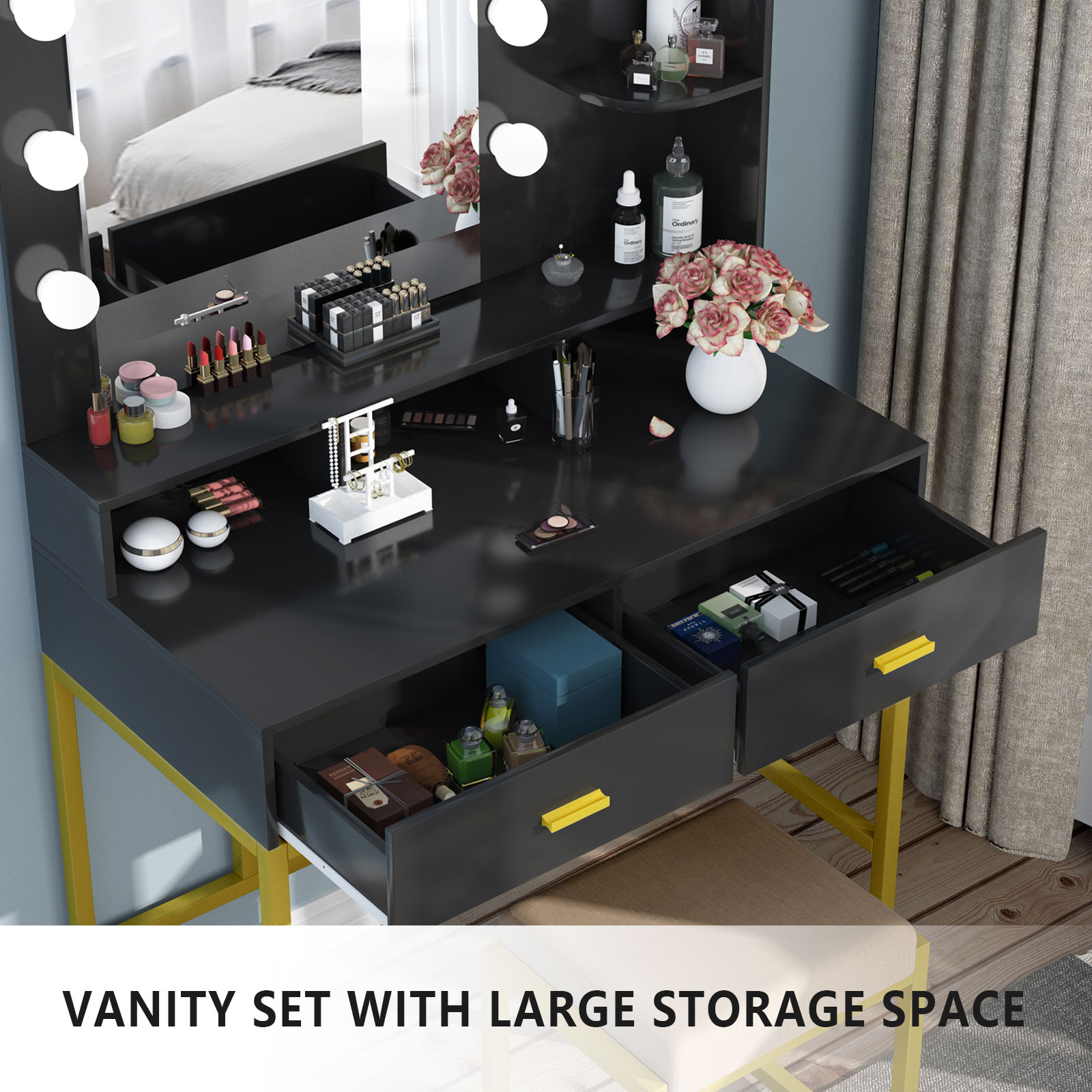 PAKASEPT 34-in Black Makeup Vanity TTBLXX12121011-HS at Lowes.com