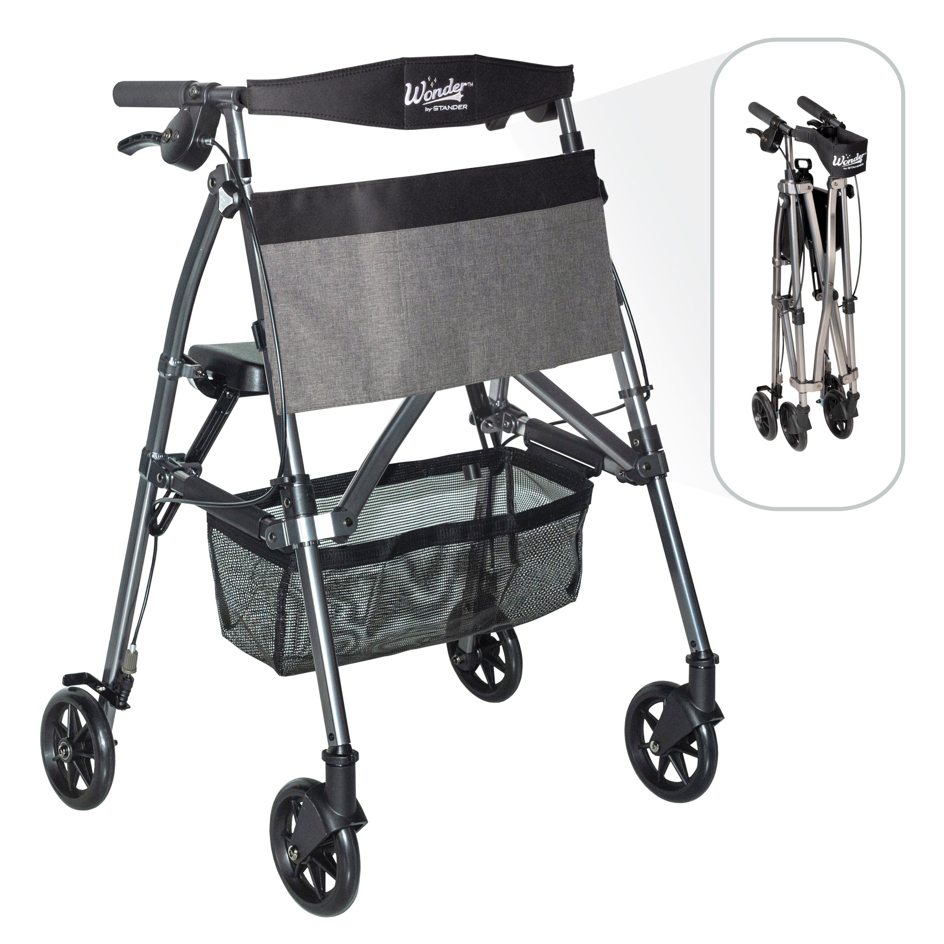 Stander Wonder Rollator Plus, Four Wheel Folding Walker with Seat and ...