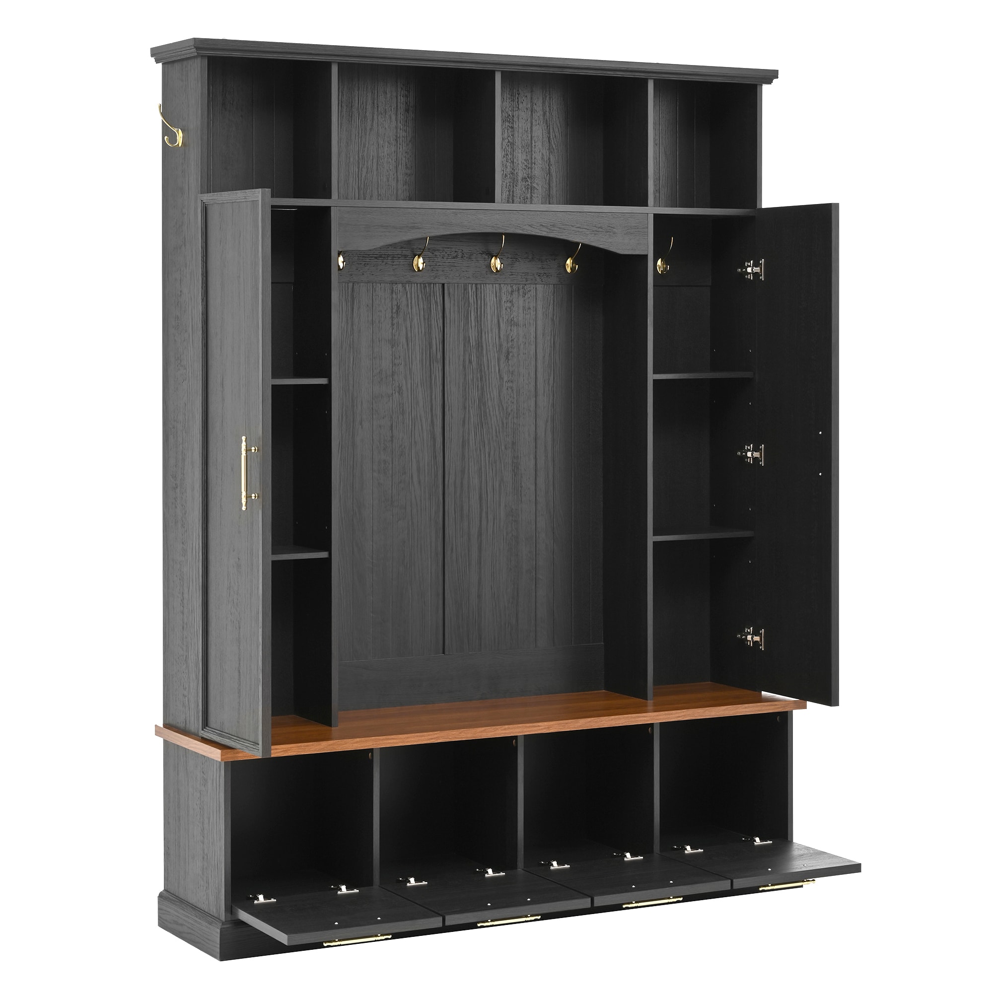 Yulika Black 59in Wx76.7in H Wooden Style Hall Tree with Golden Hooks ...