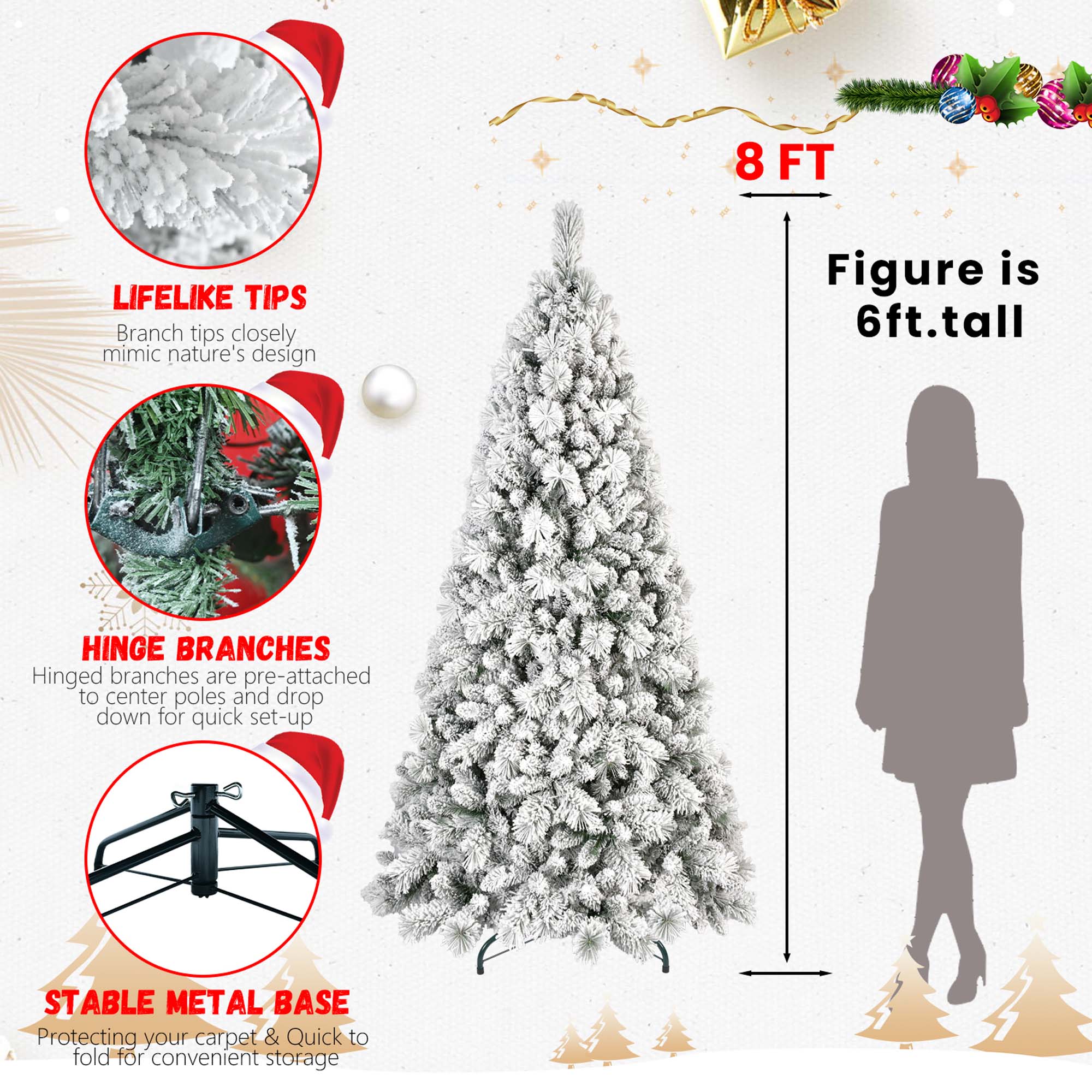 8 FT Snowy Flocked Unlit Artificial Christmas Tree with 1445 Tips Snowy ...