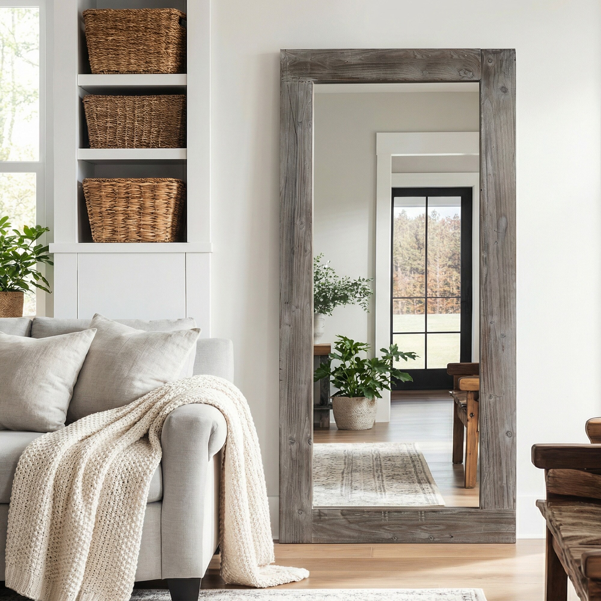 Misty Moon Charcoal Tone Solid Wood Full Body Mirror Wide Hollow Frame ...
