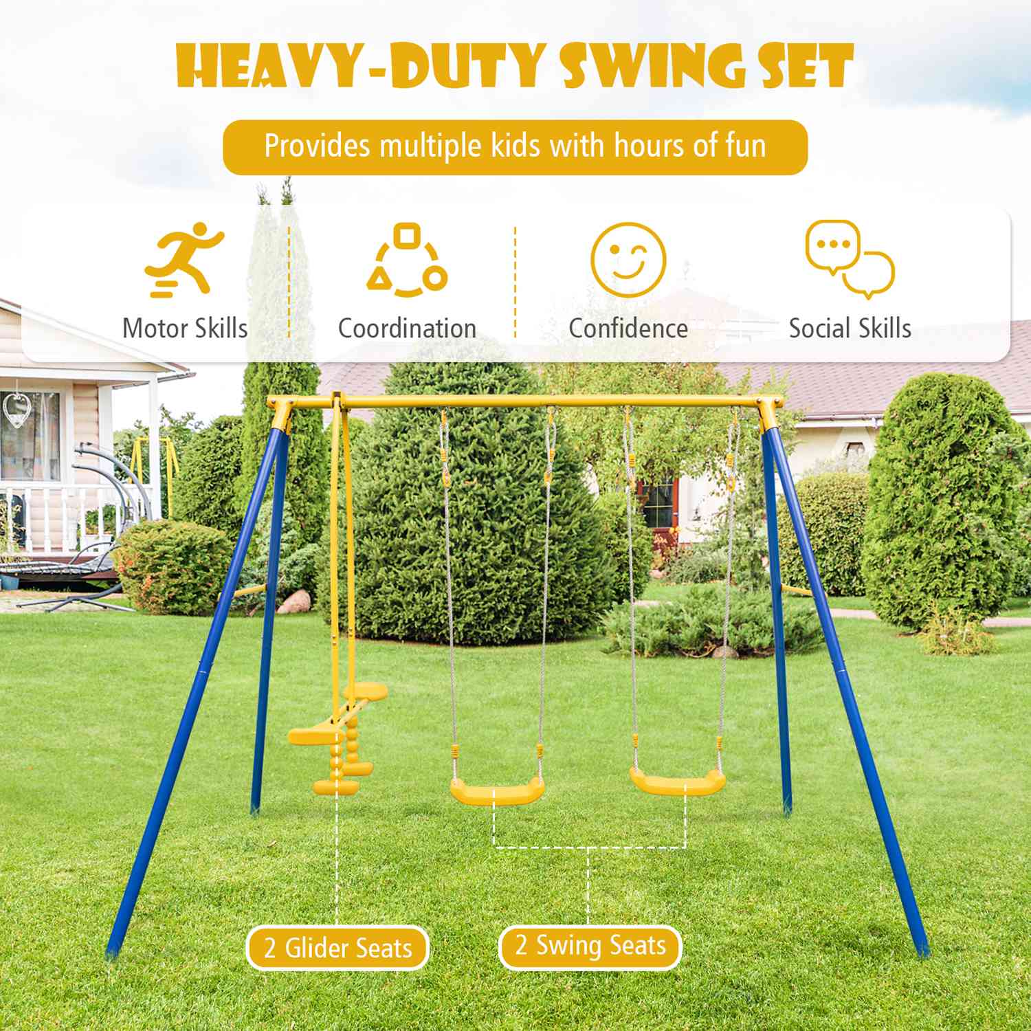 Costway Metal Swing Set for Backyard with A-frame Stand and Adjustable Hanging Ropes in the ...