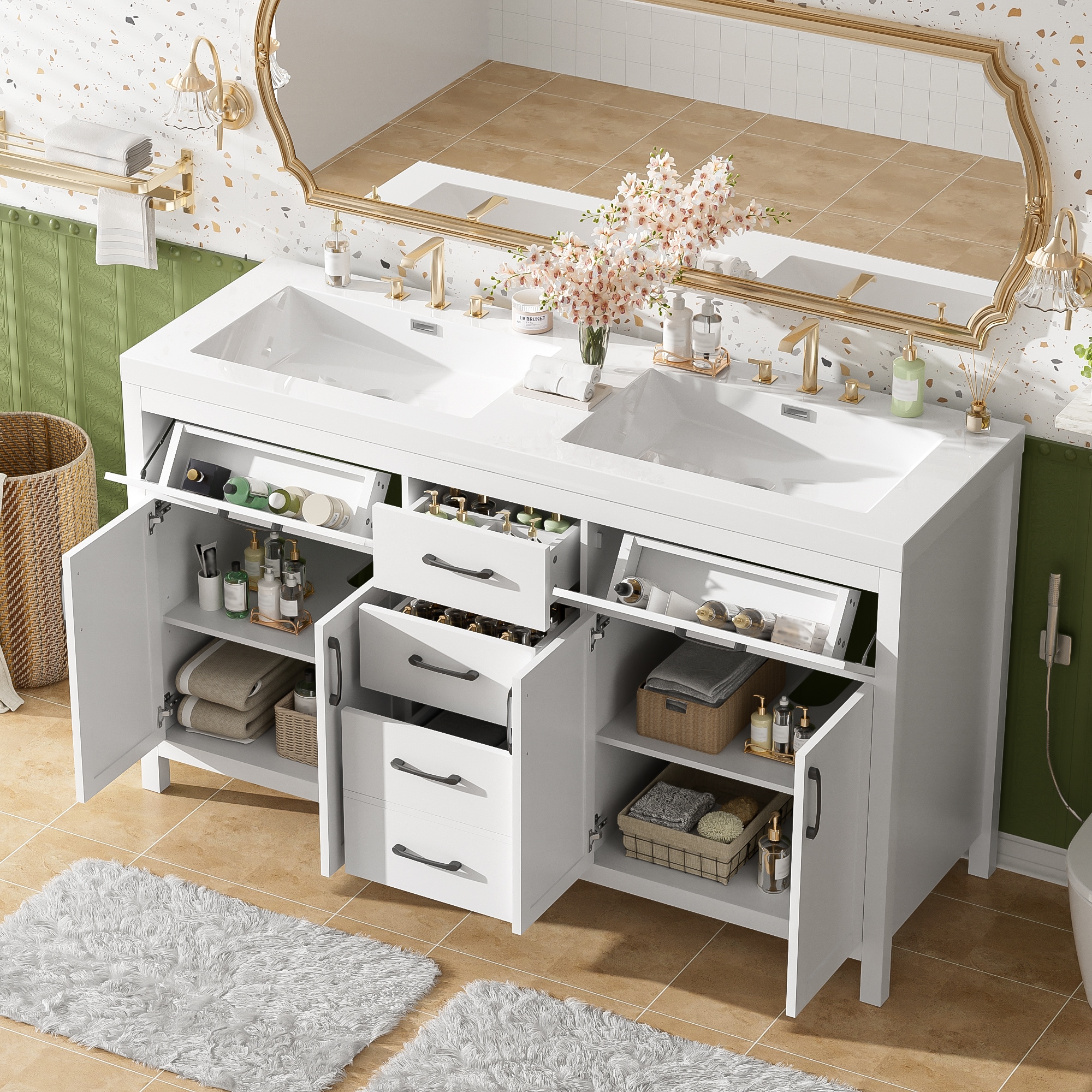 Huluwat Modern Bathroom Vanity with Solid Wood Frame Double SMC Sink ...