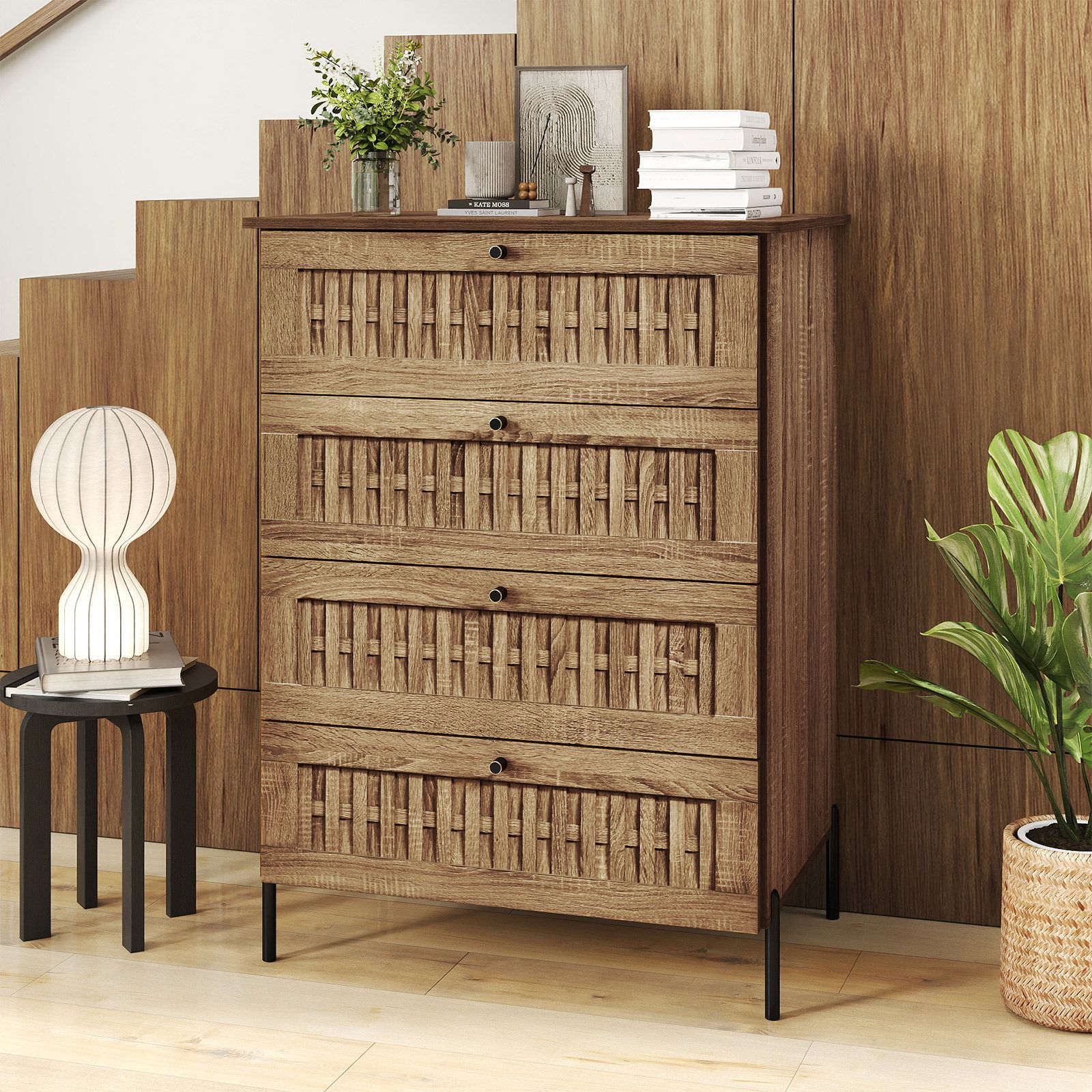 Slickblue Wood Storage Chest Dresser (Caramel Oak and Black) Engineered ...