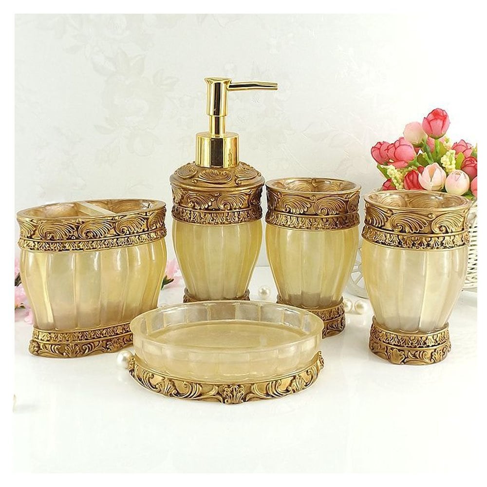Lovav Golden 5 Piece Bathroom Accessory Set Resin Soap Dispenser ...