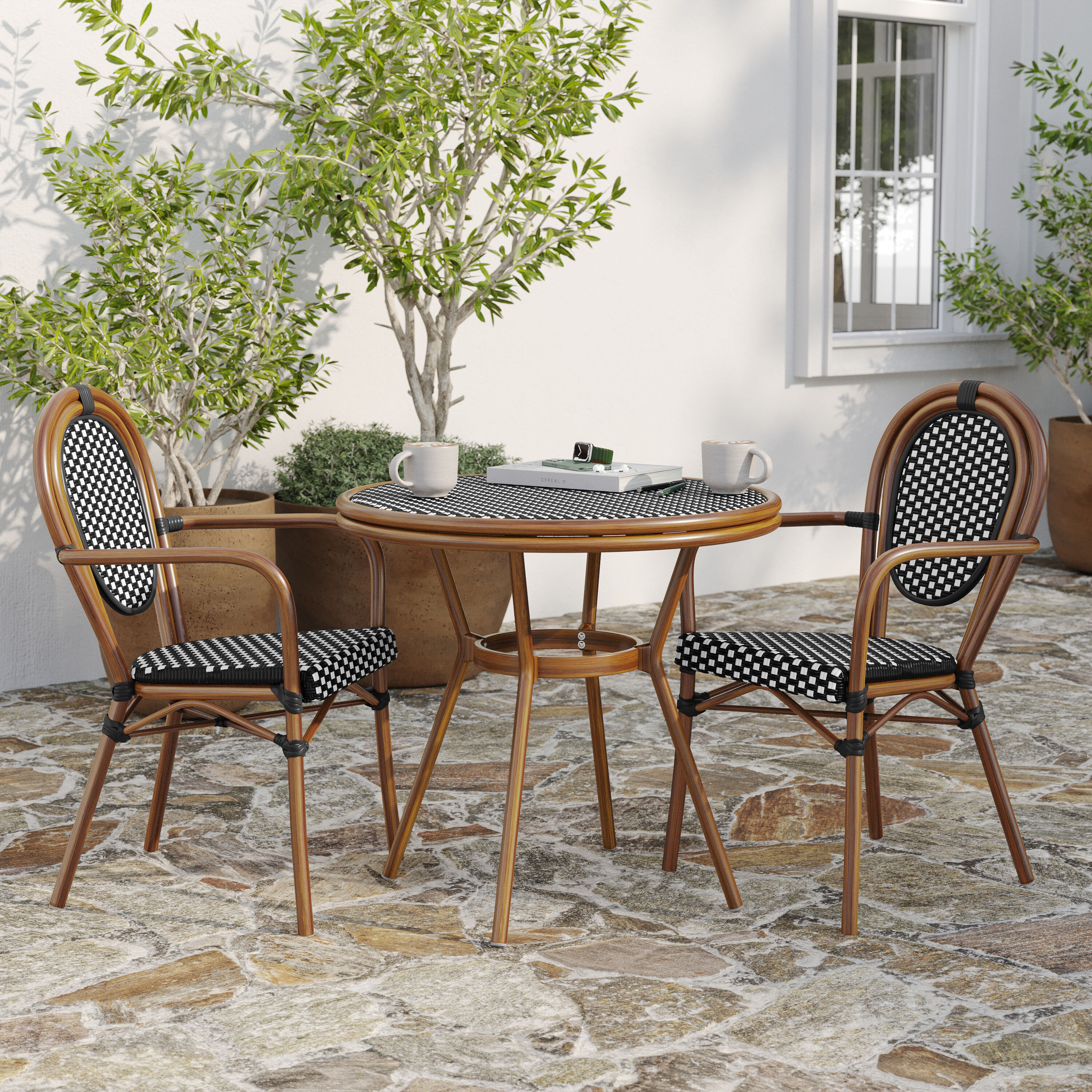 Merrick Lane Celia Bistro Style Table with Glass Top; Black and White ...
