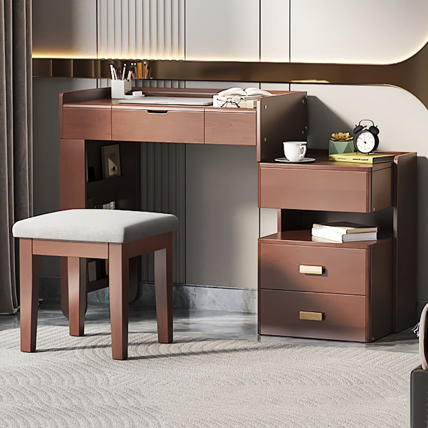 Wooakway Walnut Dressing Table with Mirror 3-in-1 Wood Dresser Desk 15 ...