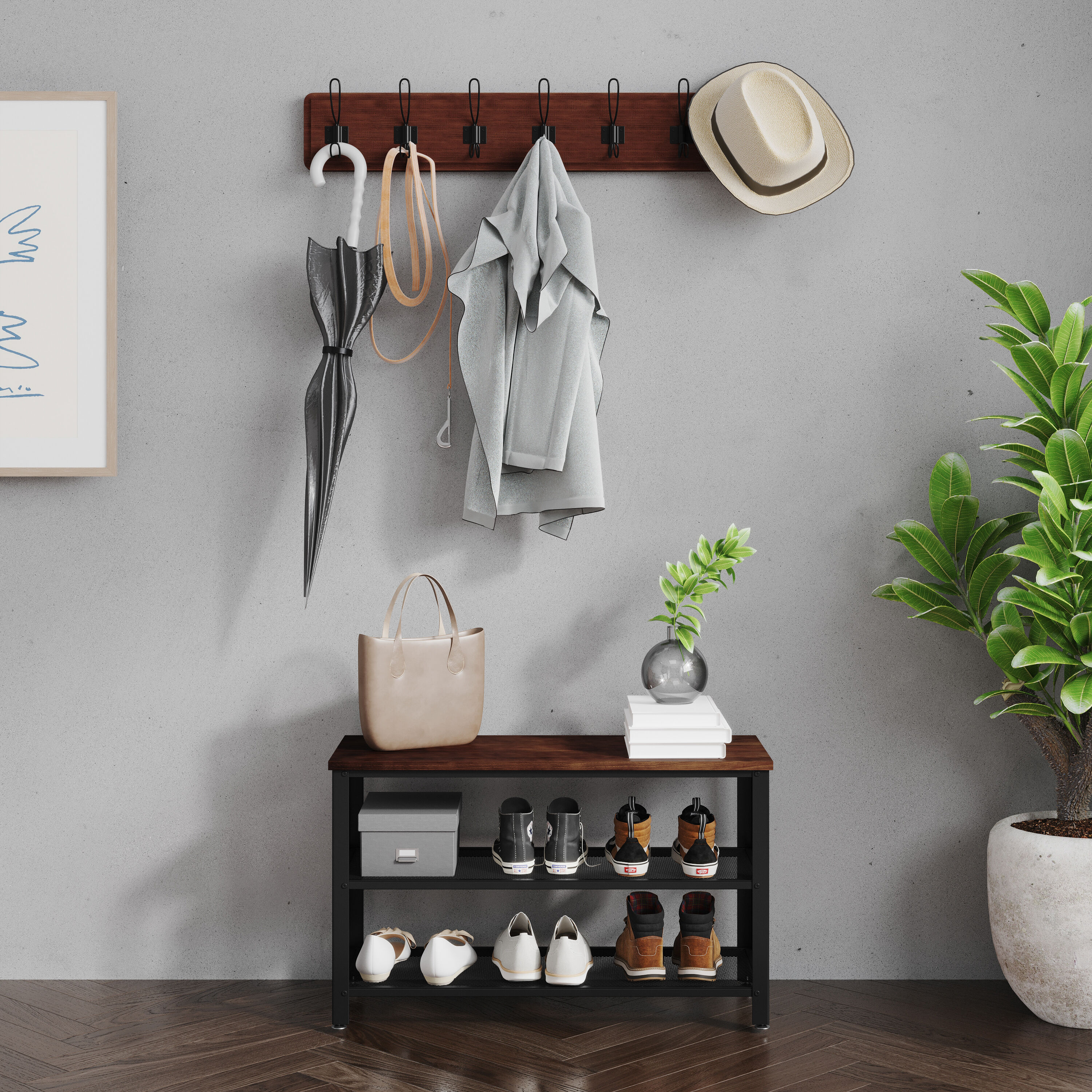 Emma + Oliver Isla 3-Tier Storage Bench with Metal Mesh Shelves for ...