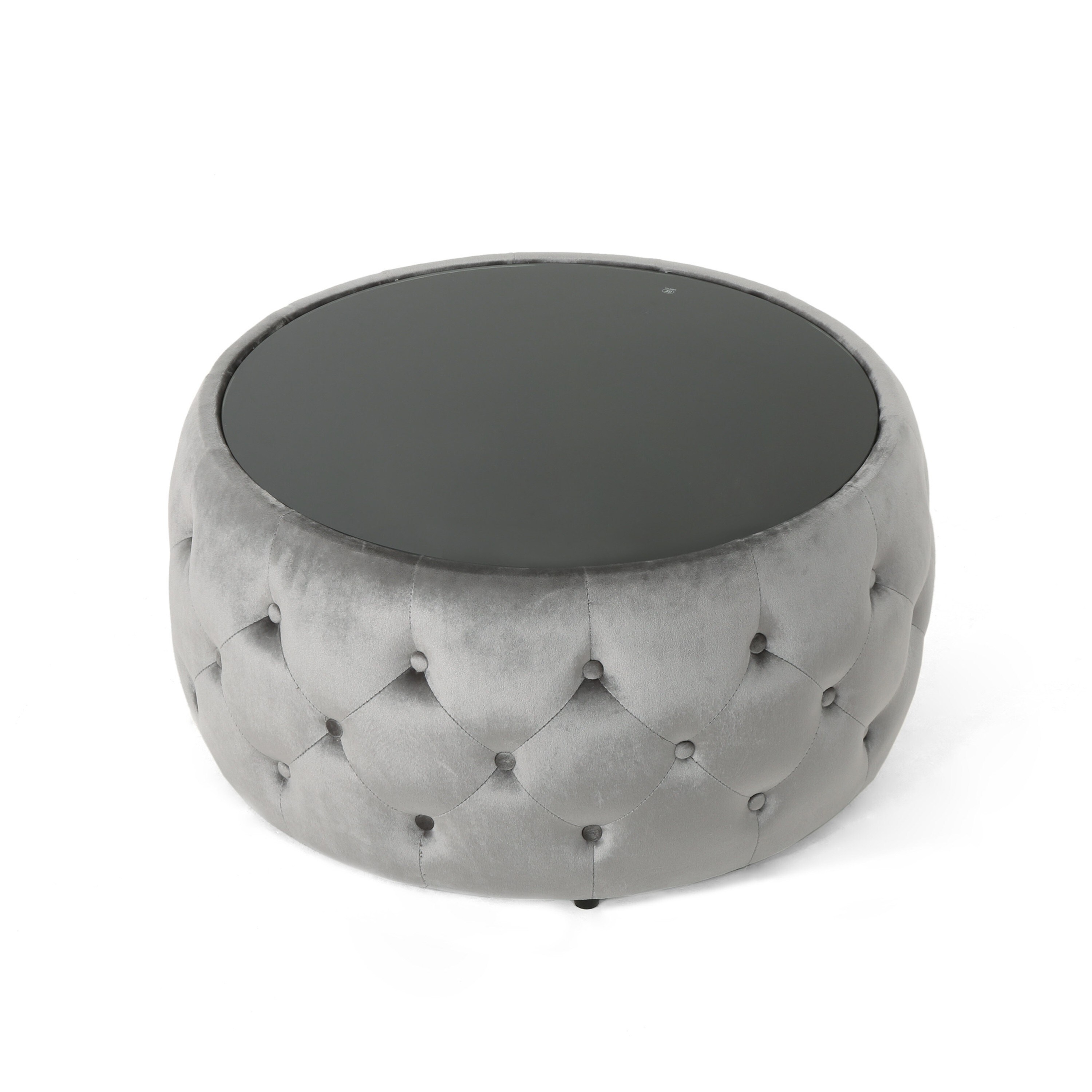 Benzara Pirana Ottoman Coffee Table Gray Tuft Velvet 30 Inch Tempered ...