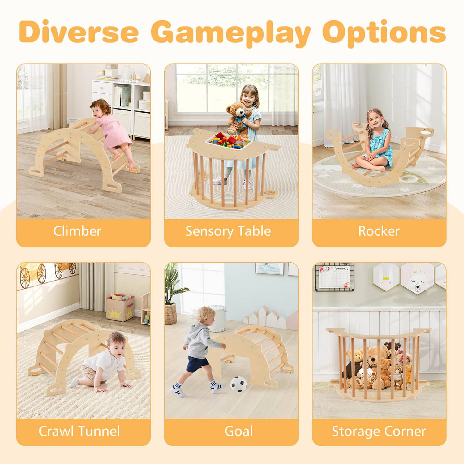 Costway Kids Climbing Arch Sensory Table Montessori Wooden Climber Toy ...