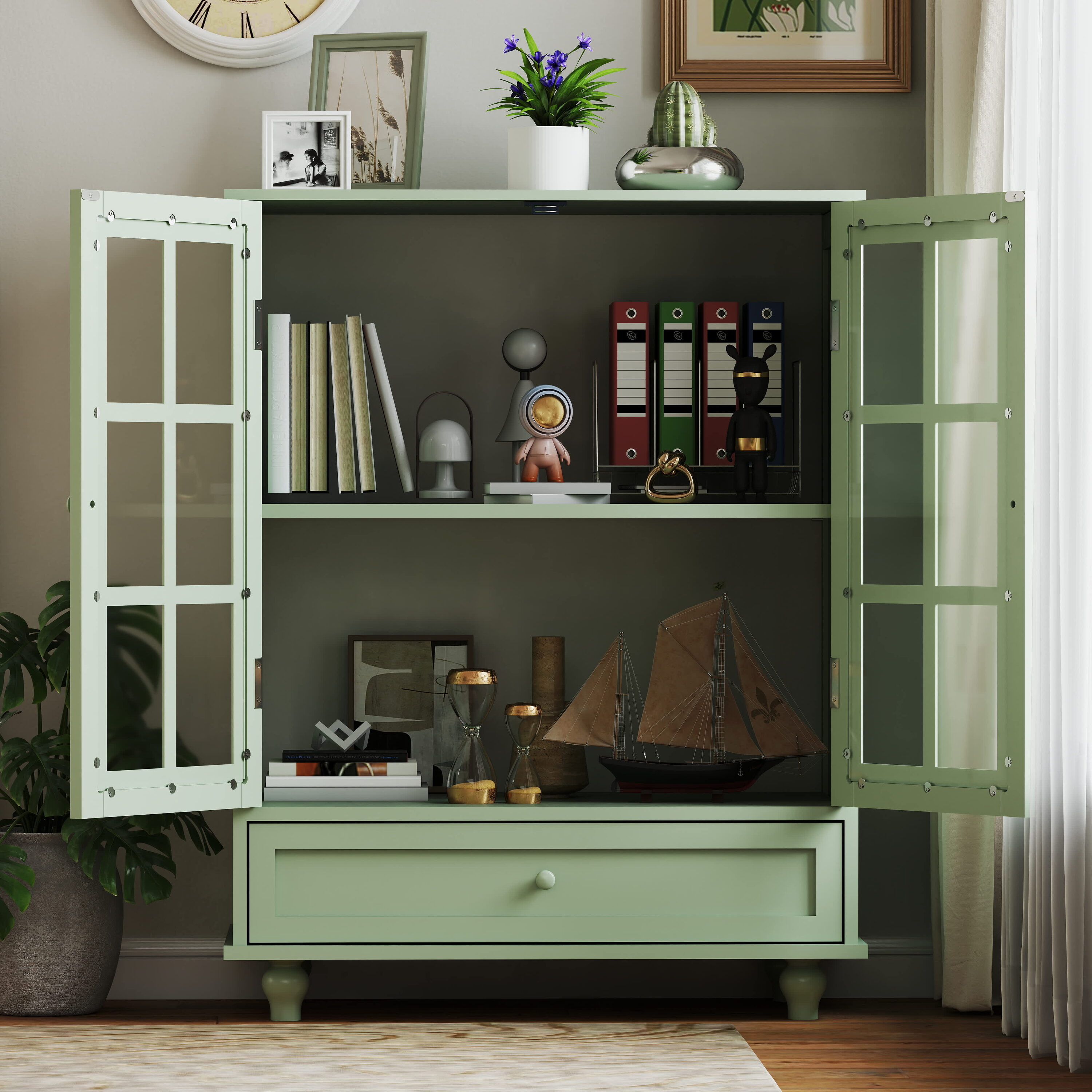 Vynxaria Minimalist Mint Green Buffet Cabinet Double Glass Doors 1 ...