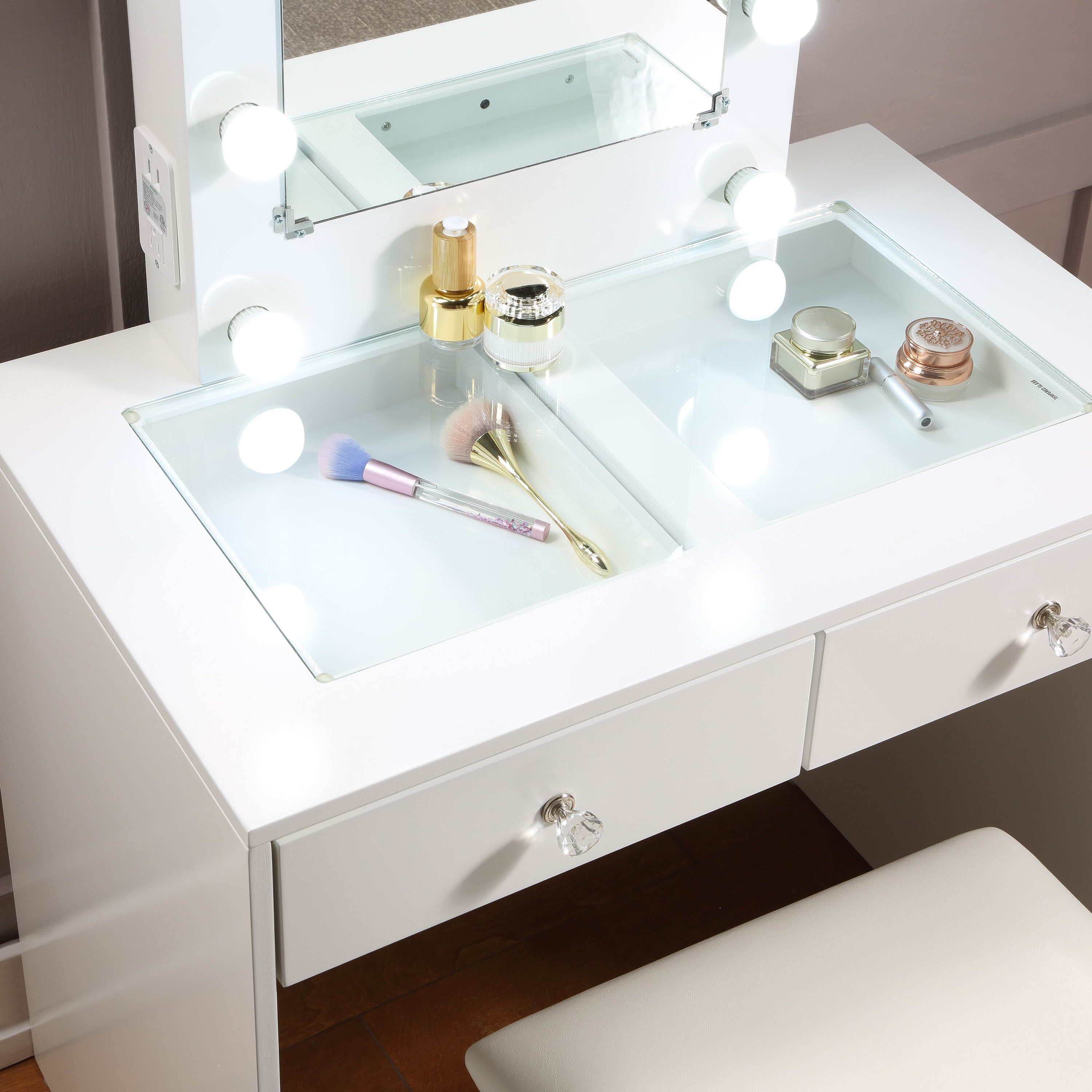Huluwat White Makeup Vanity and Stool Set with 10 Lights and USB Port ...