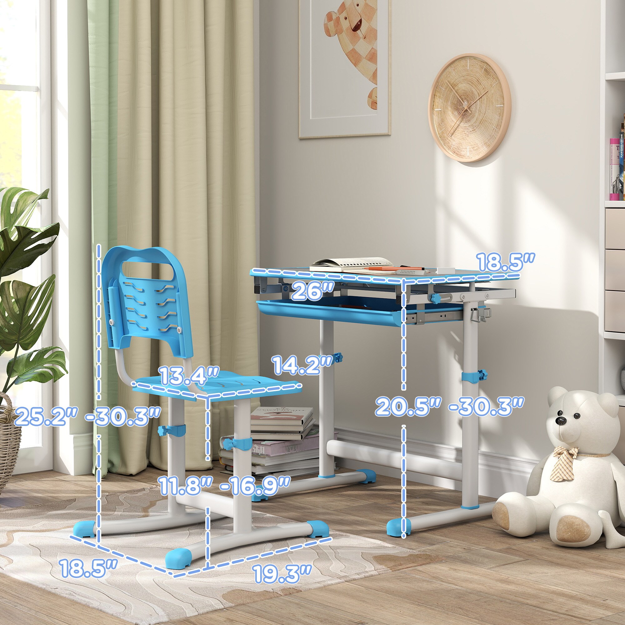 Qaba Kids Desk and Chairs Set Height Adjustable Children School Study ...