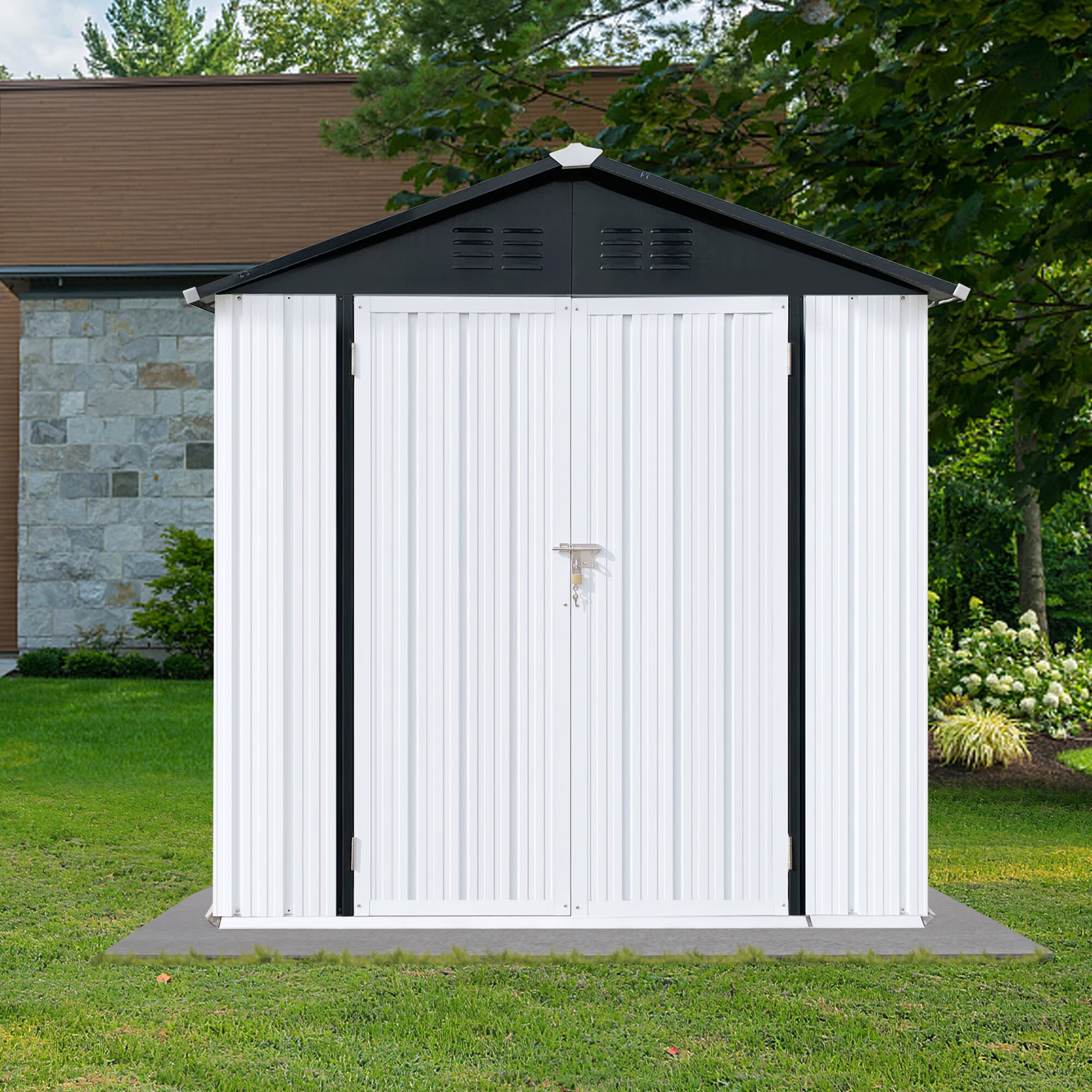 Etokfoks 6 ft x 4 ft Metal Outdoor Storage Shed Apex Roof White Black ...