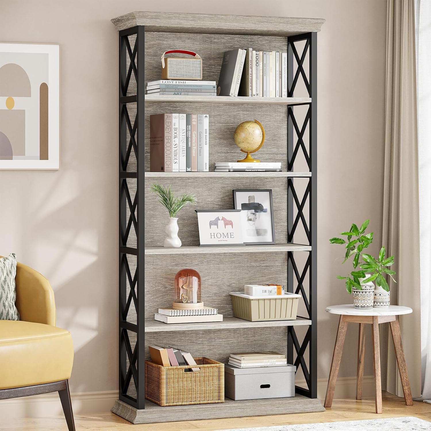 LITTLE TREE 71-Inch Gray 6-Tier Industrial Bookshelves Floor Standing ...