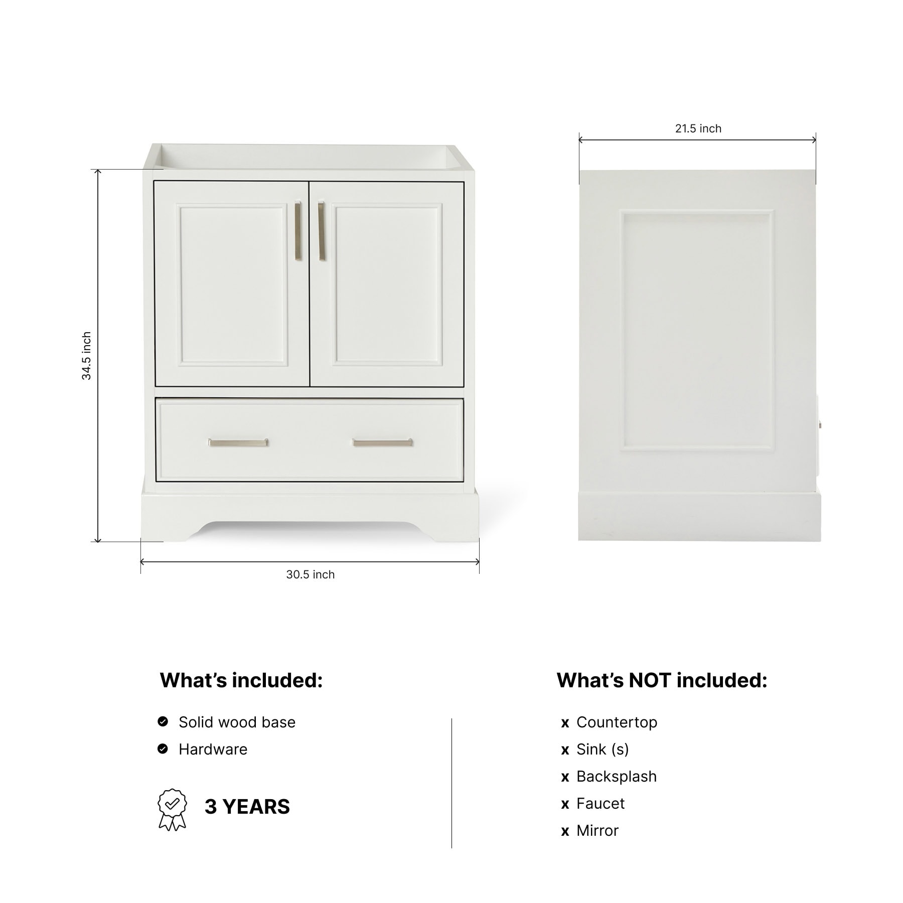 ARIEL Stafford 30.75-in White Bathroom Vanity Base Cabinet without Top ...