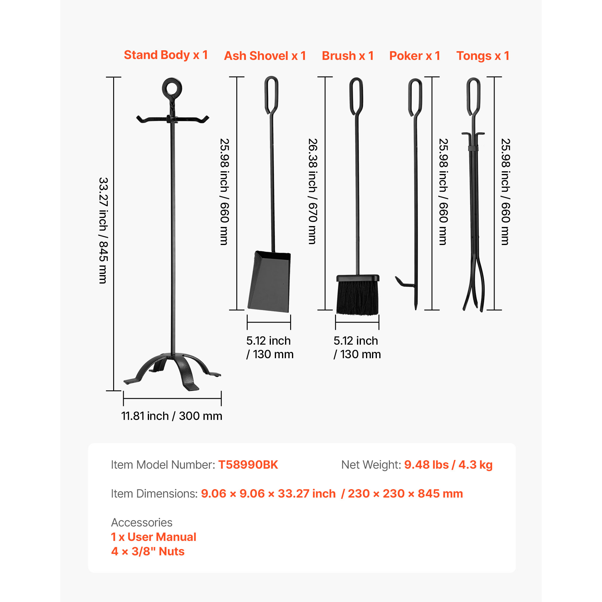GIVIMO Fireplace Tool Set 5-Piece Fire Tool Set and Holder with Four ...