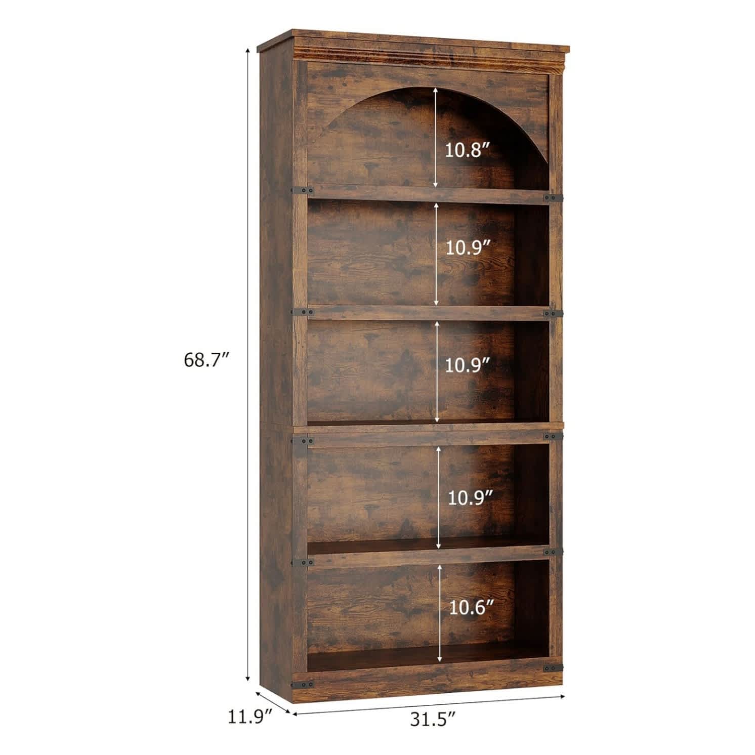 Garvee Farmhouse Arched Bookcase 68.7in Tall Bookshelf Wooden Base 5 ...