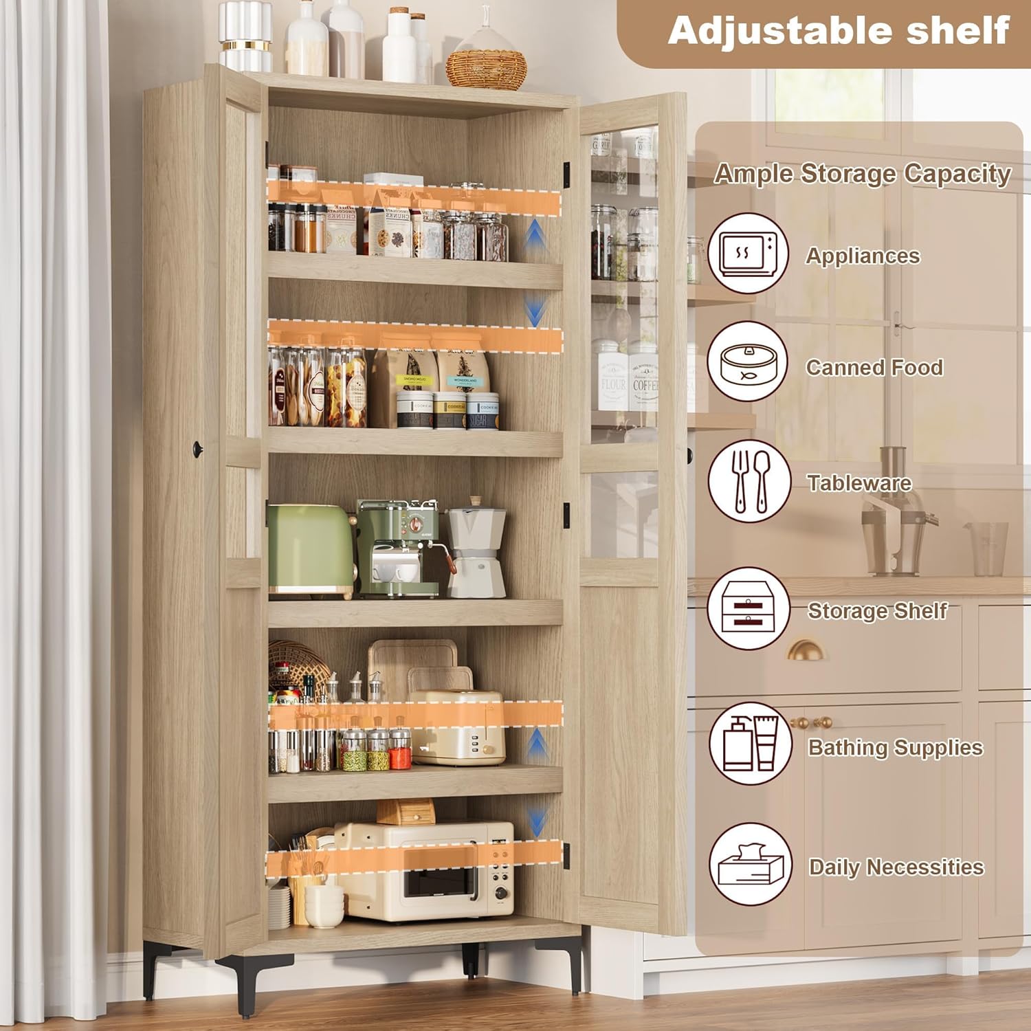 Garvee 63 Inch Oak Tall Farmhouse Pantry - 5 Tiers/ Adjustable Shelf ...