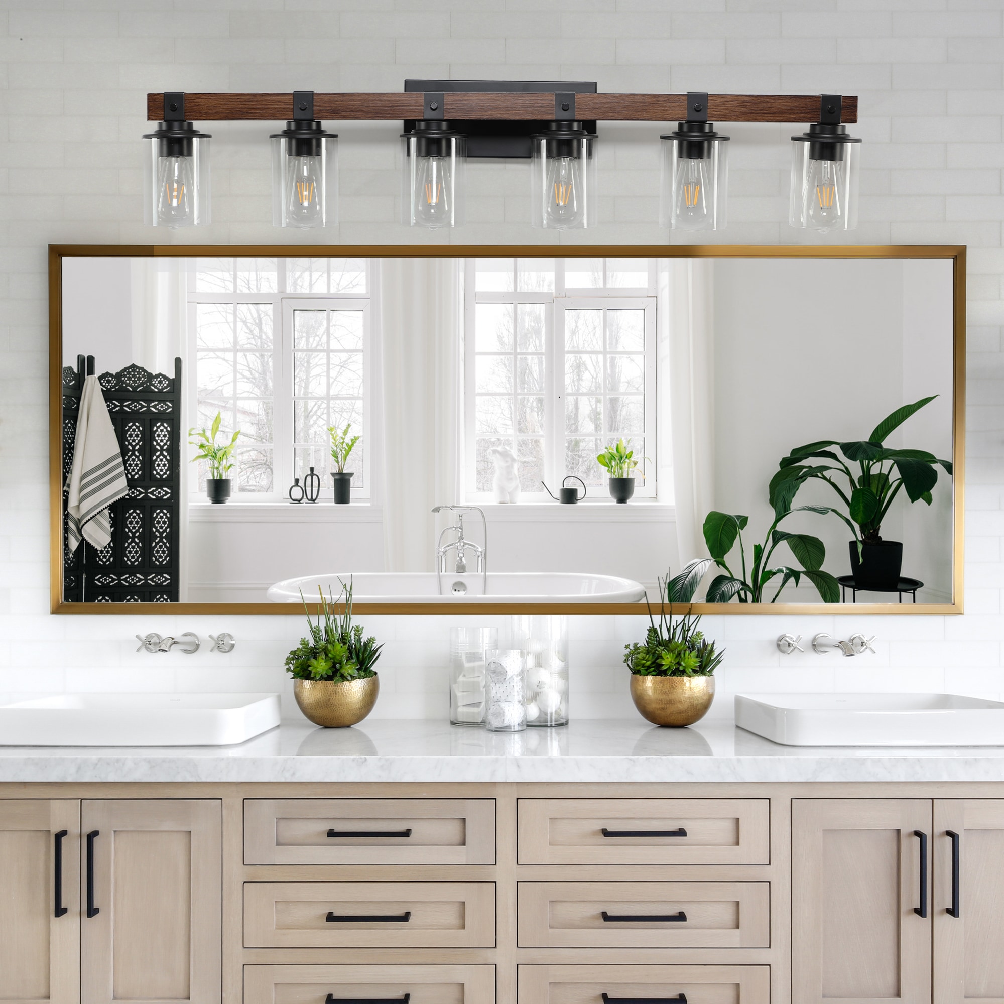 LOVMOR 42 inch Rustic 6 Light Vanity Light Glass Shades Wood Accent No ...