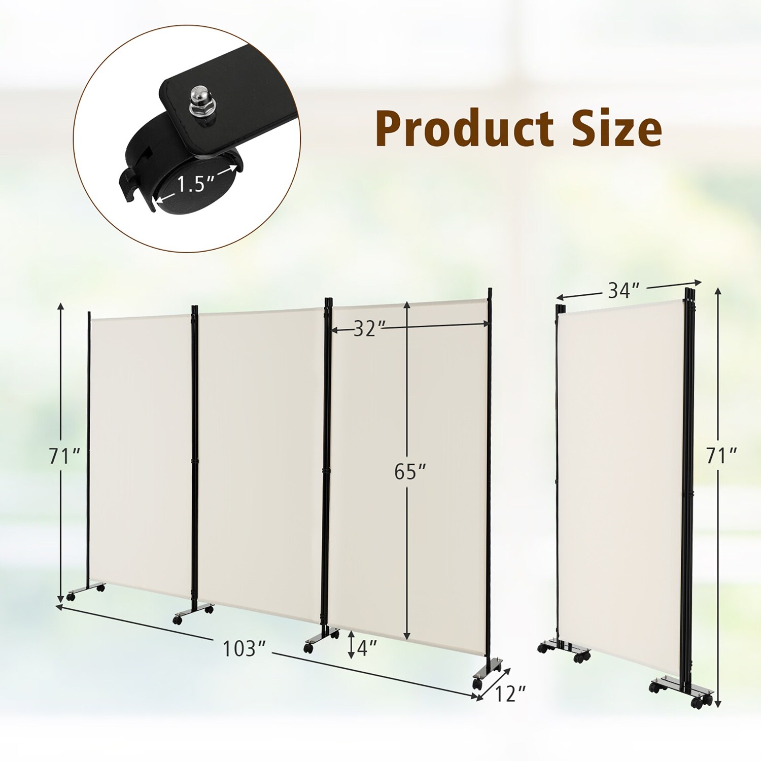 Costway 3-Panel Folding Room Divider 6Ft Rolling Privacy Screen with ...