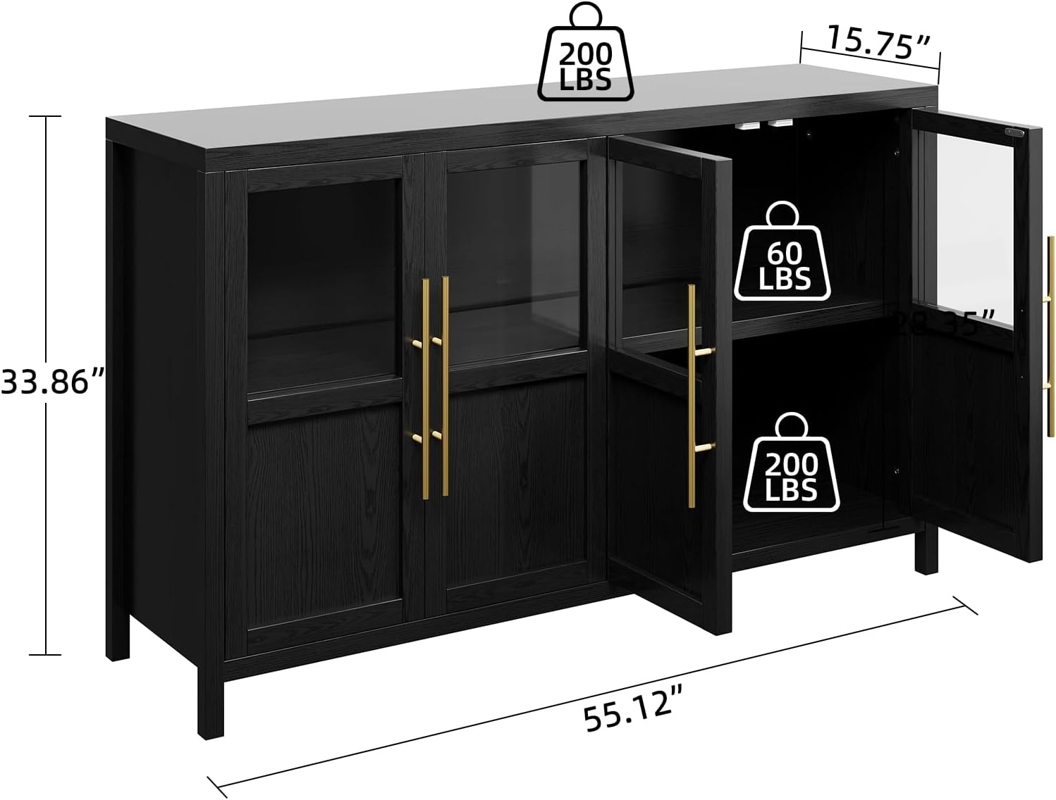 IdealHouse Dark 55 Inch Sideboard Buffet Cabinet With 4 Glass Doors ...