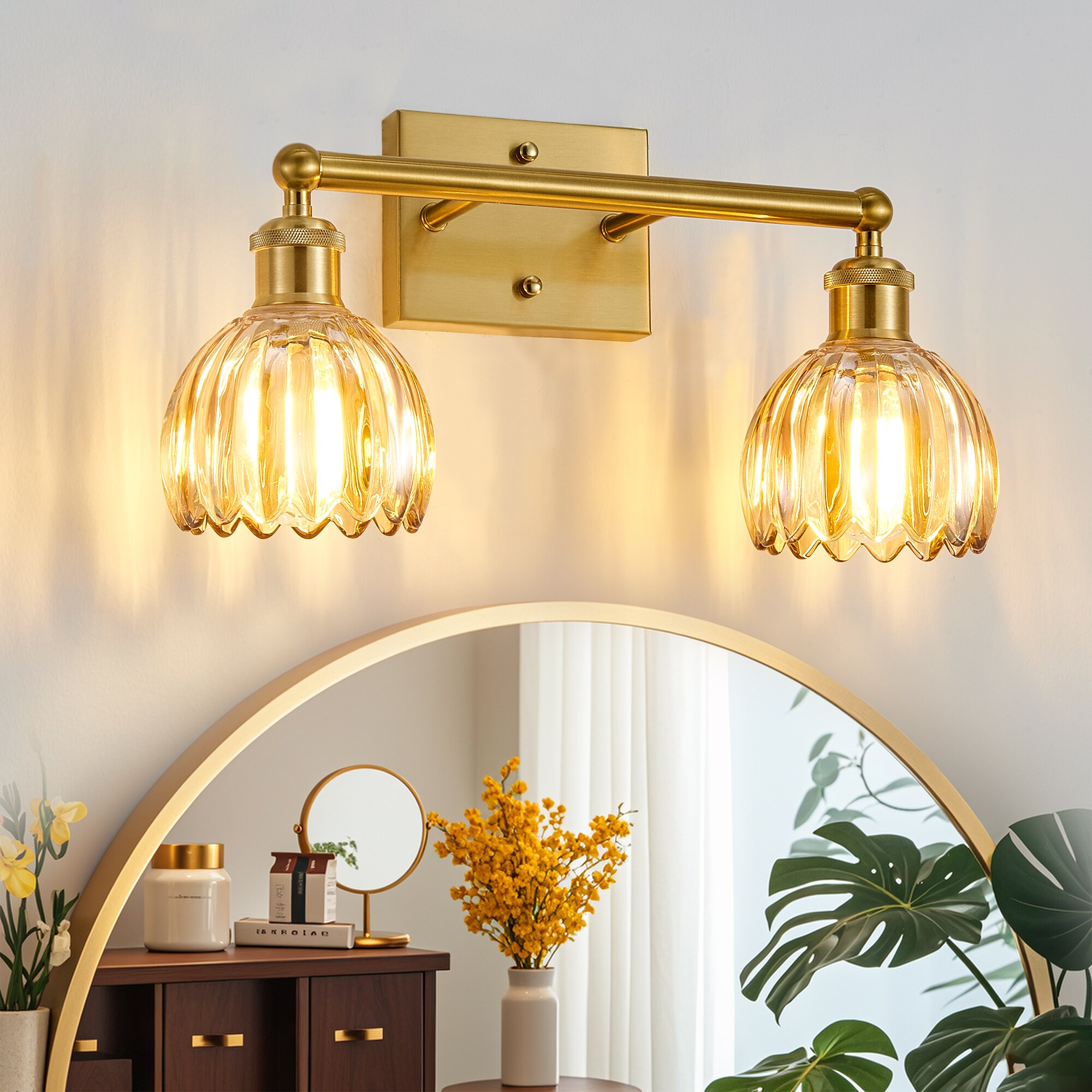 DAKAFUL 16.5 in. 2-Light Modern Gold Bathroom Vanity Light with Amber ...