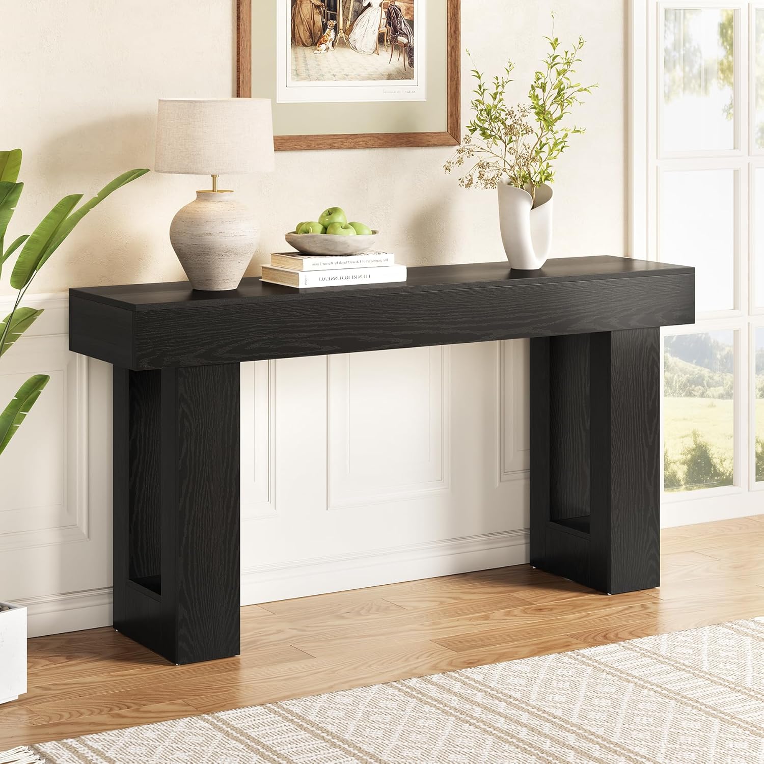 Tribesigns 63 inch W Farmhouse Rectangular Natural Wooden Black Accent ...