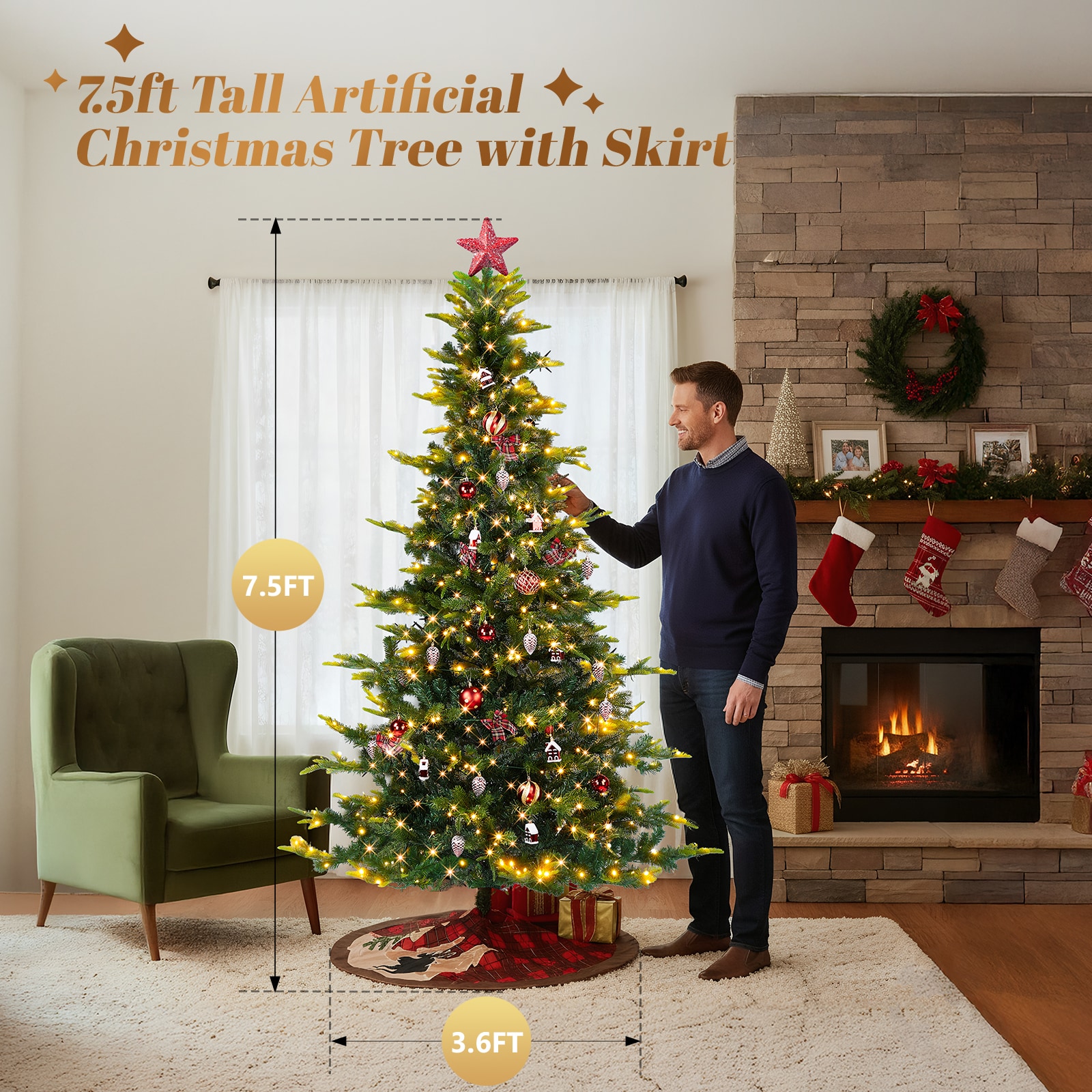 VINGLI 7.5ft Spruce Pre-lit Artificial Christmas Tree with Red ...