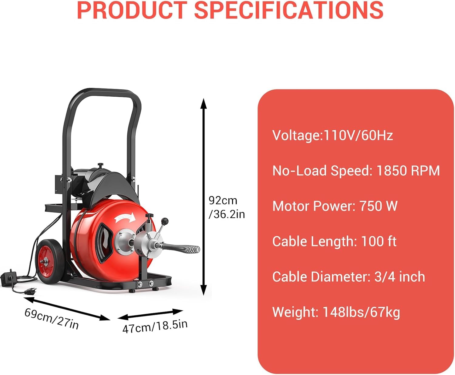 IdealHouse 100Ft 3/4 Inch Drain Cleaning Machine Sewer Snake 750w Auto ...